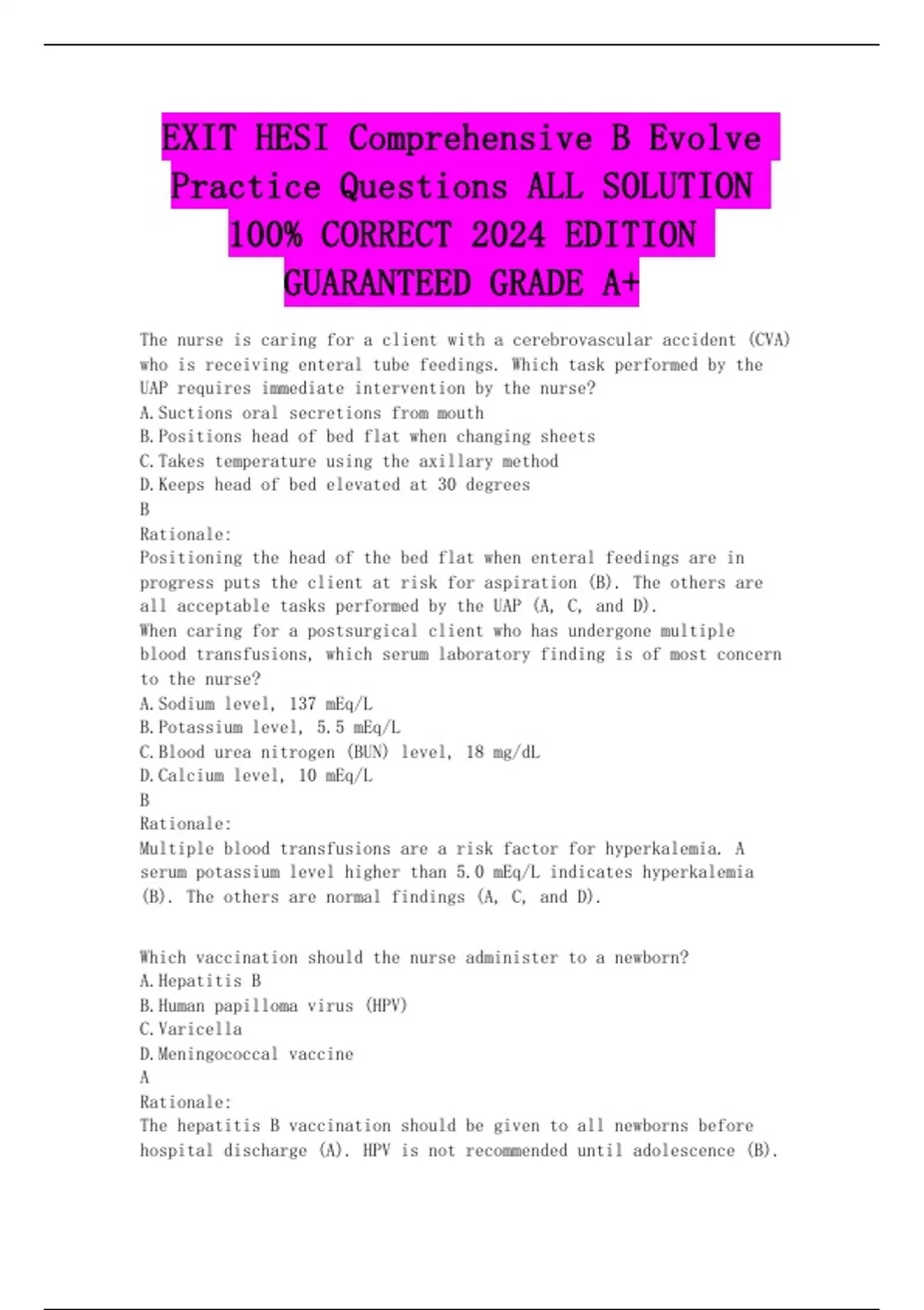 EXIT HESI Comprehensive B Evolve Practice Questions ALL SOLUTION 100% ...