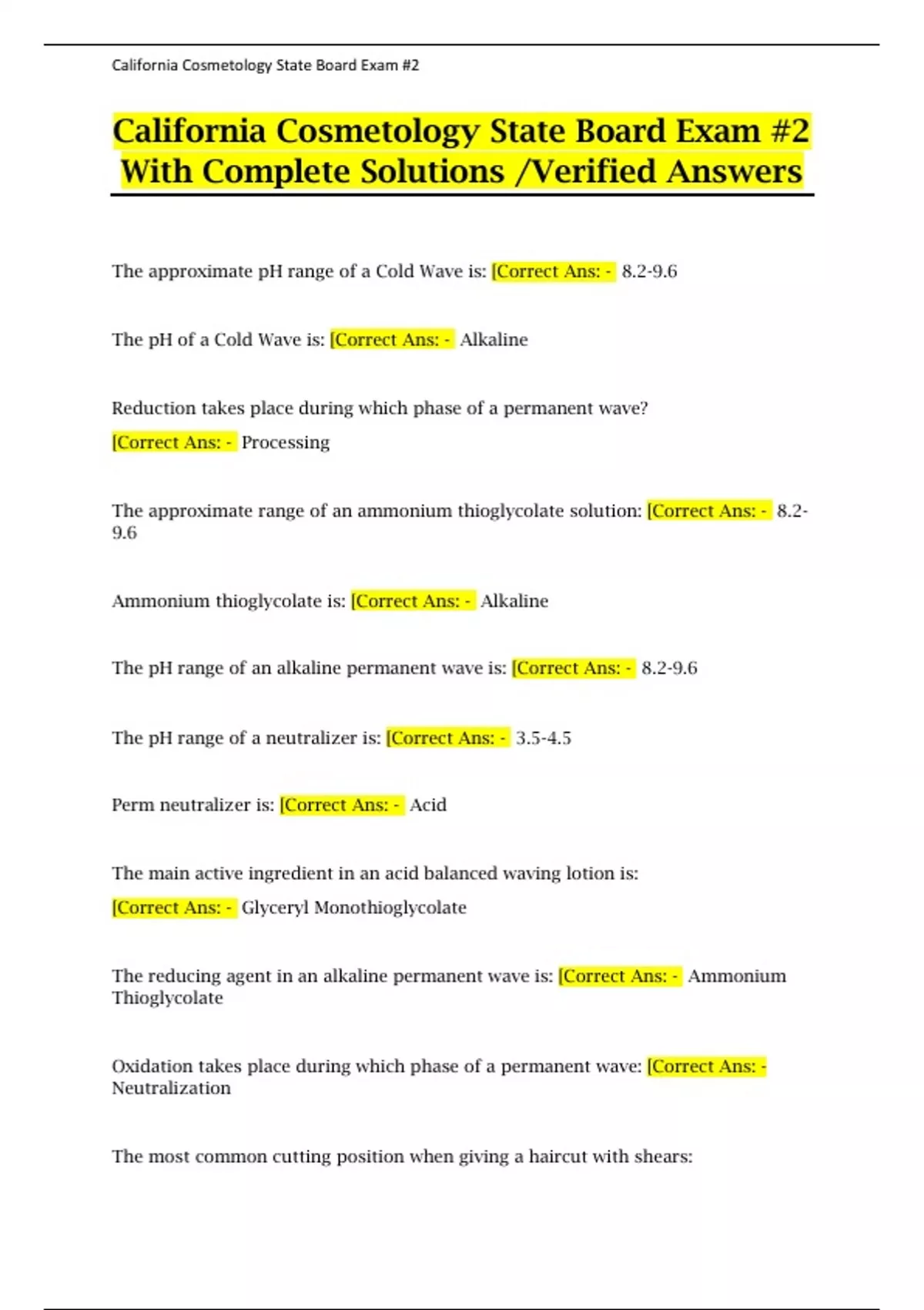 California Cosmetology State Board Exam #2 With Complete Solutions ...