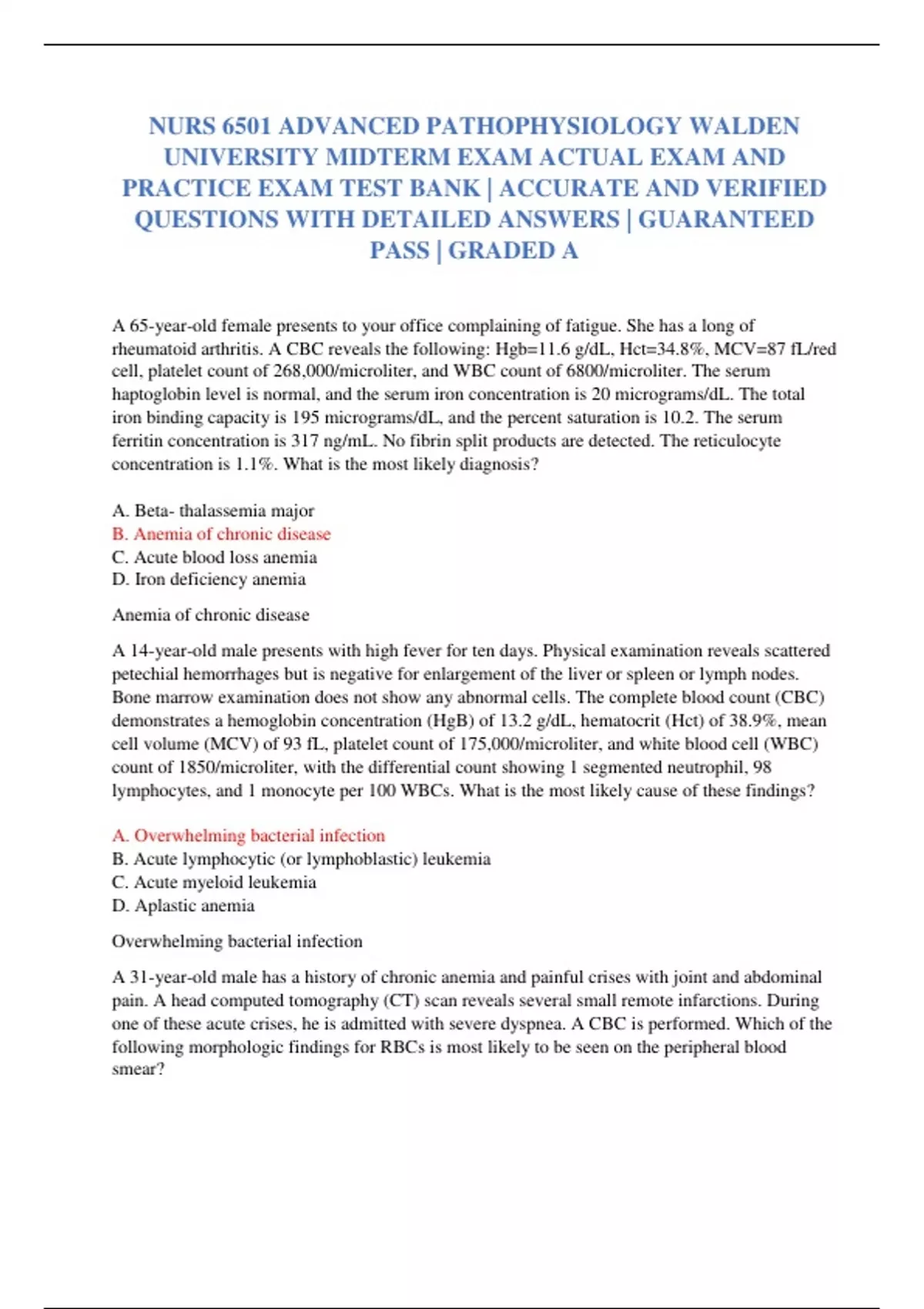 NURS 6501 ADVANCED PATHOPHYSIOLOGY WALDEN UNIVERSITY MIDTERM EXAM ...