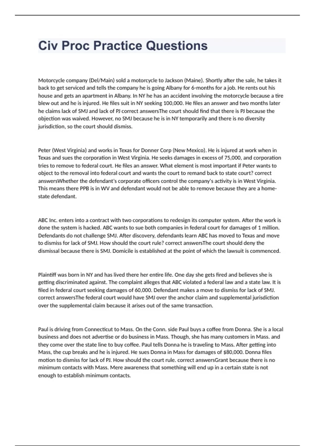 Civ Proc Practice Questions with 100% correct answers - Civ Proc ...