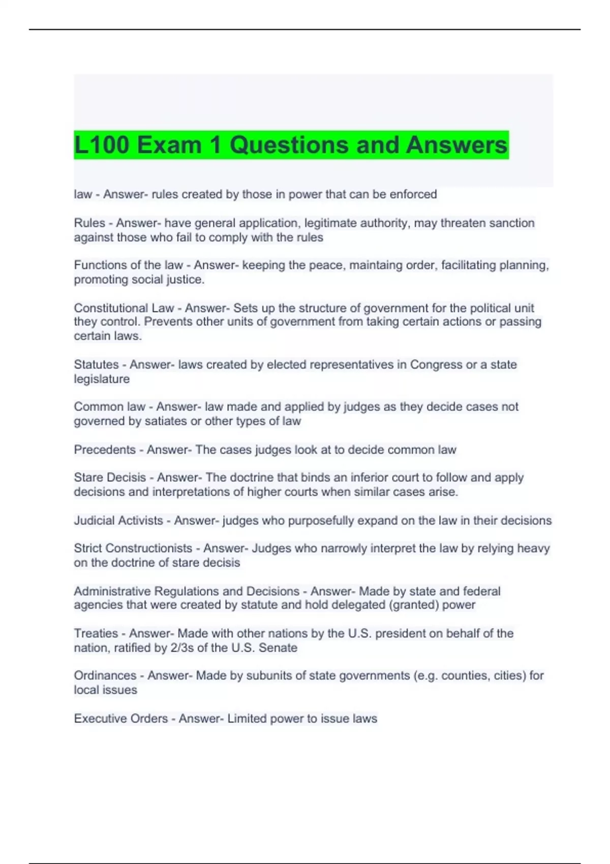 L100 Exam 1 Questions and Answers - L100 - Stuvia US