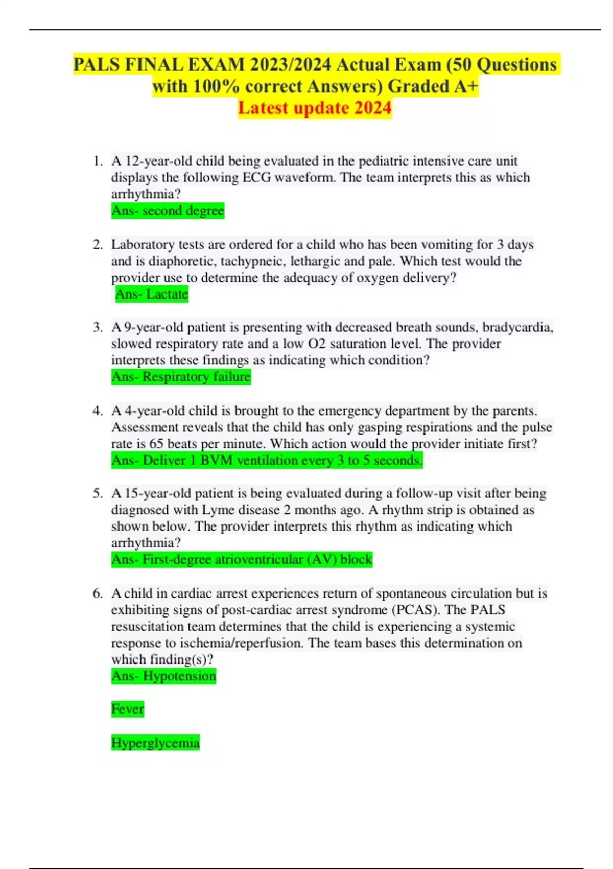 PALS FINAL EXAM 2023/2024 Actual Exam (50 Questions with 100% correct ...