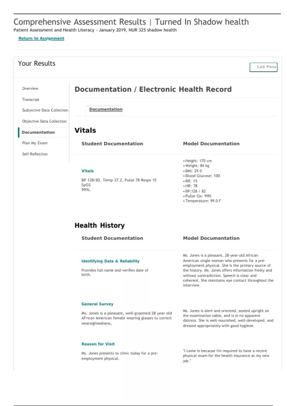 Comprehensive Assessment Results | Turned In Shadow health - Patient ...