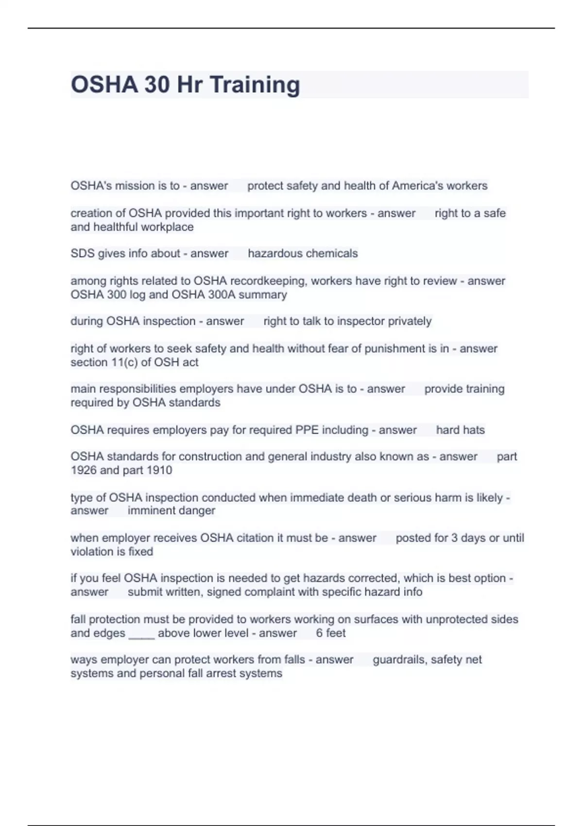 OSHA 30 Hr Training Questions and Answers 100% correct 2023|2024 ...