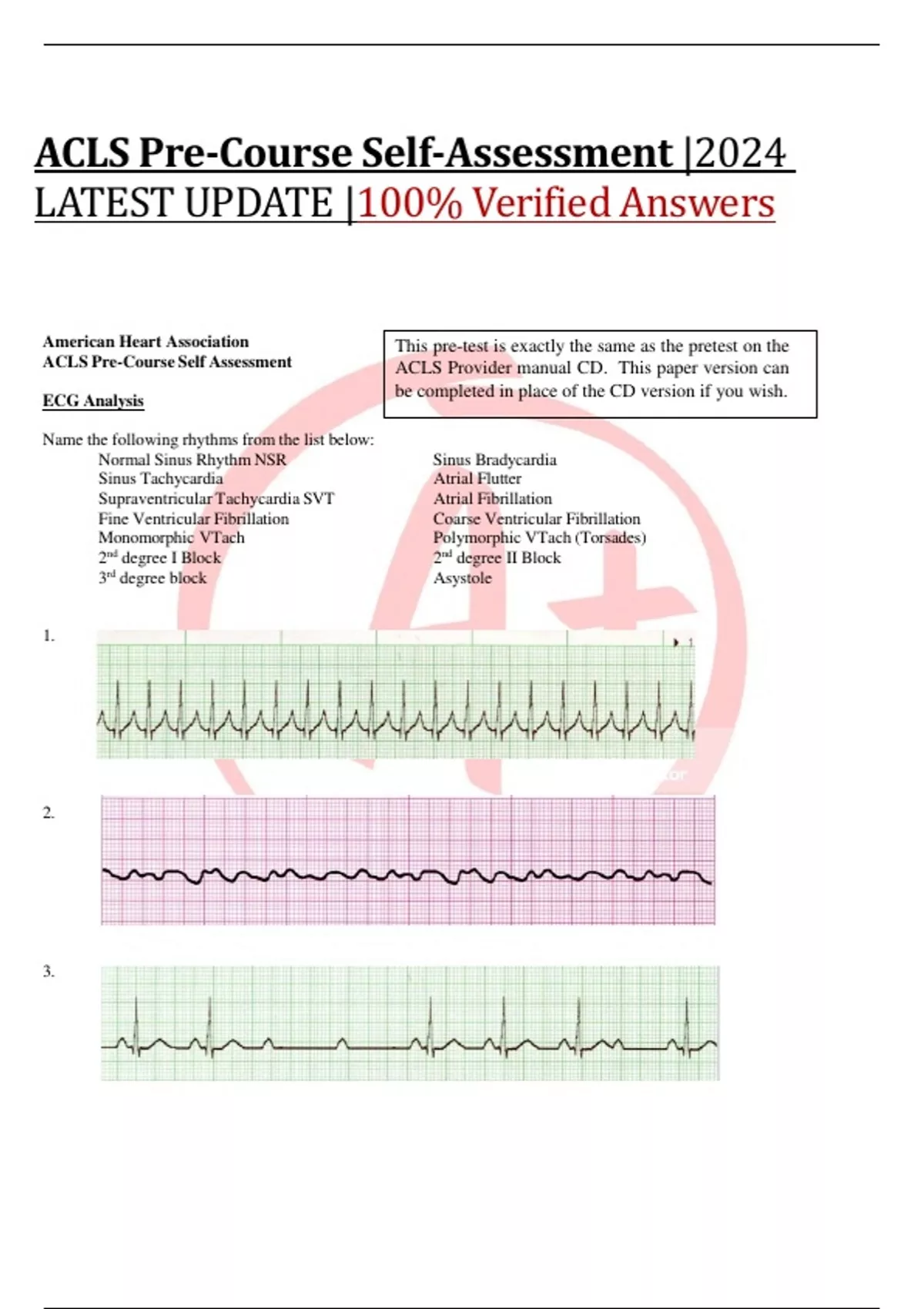 Acls Pre Course Self Assessment 2024 Latest Update 100 Verified Answers Acls Pre Course