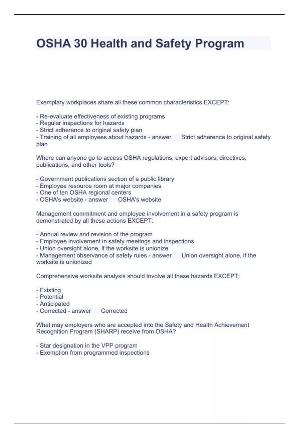OSHA 30 Health and Safety Program Questions and Answers 100% correct ...