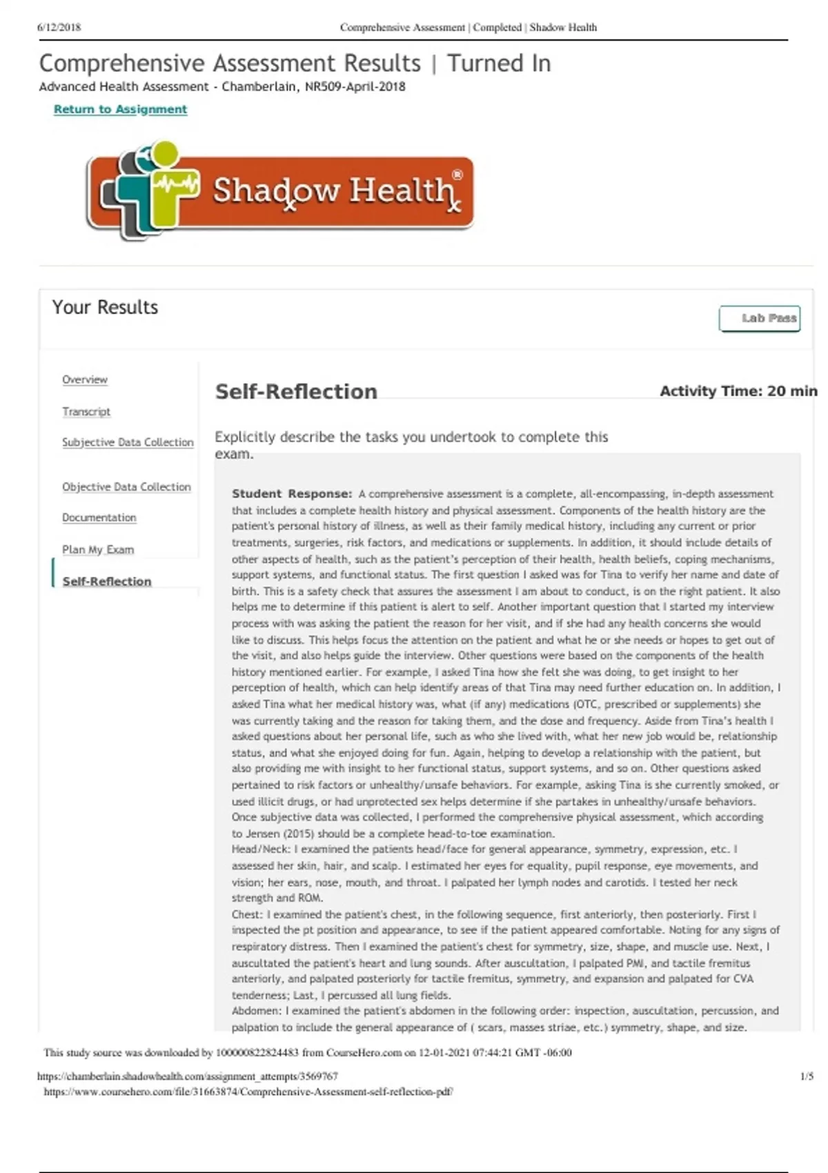 Comprehensive Assessment | Completed | Shadow Health Self Reflection ...