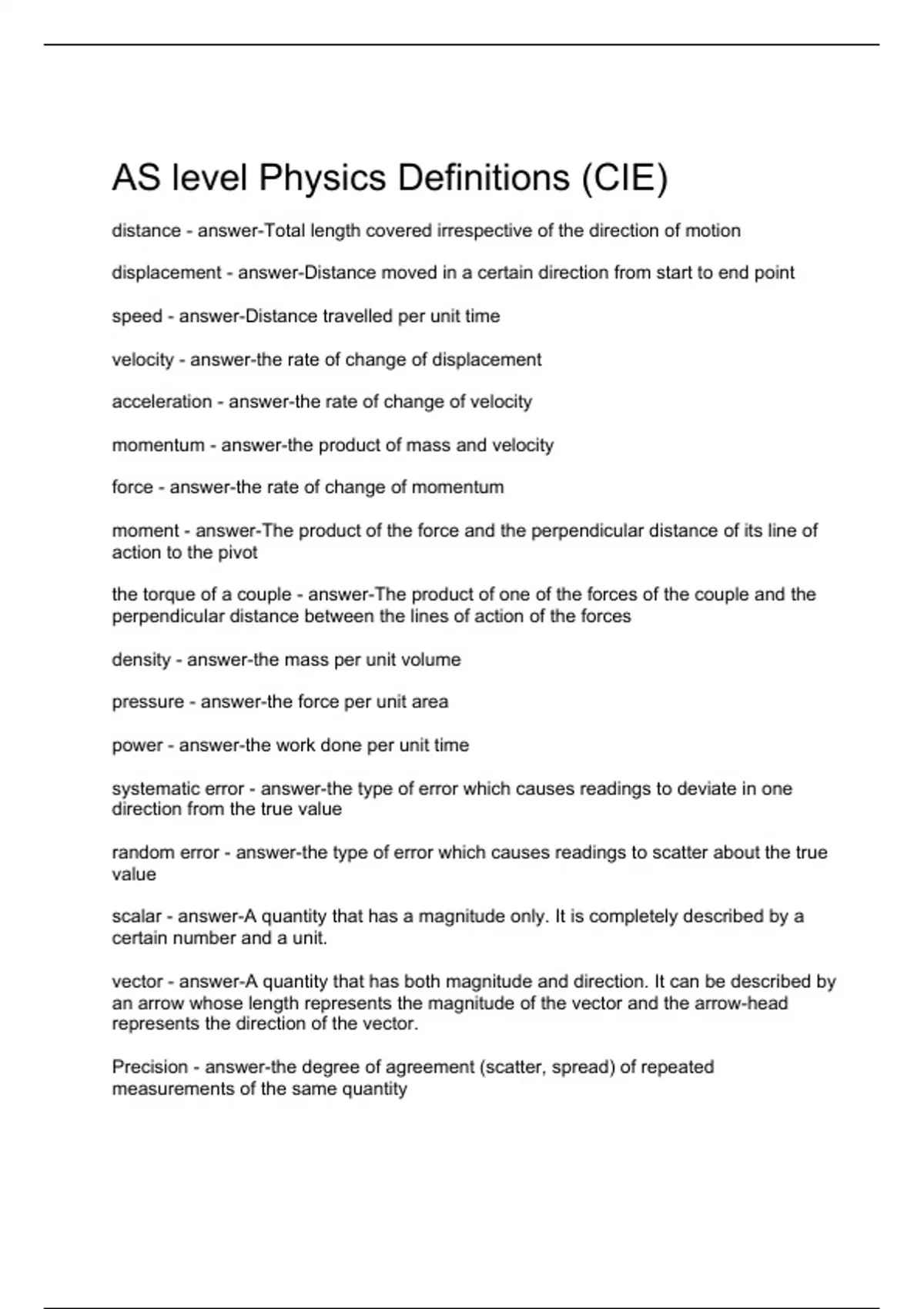 AS level Physics Definitions (CIE) - AS level Physics Definitions - Stuvia US