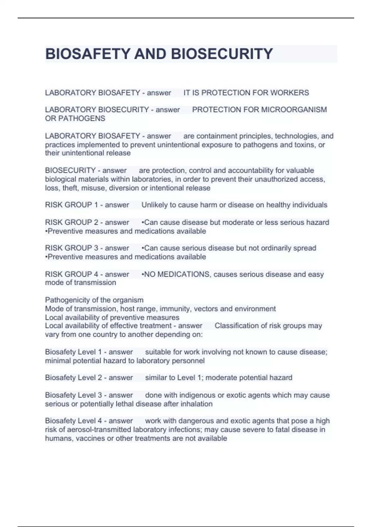 BIOSAFETY AND BIOSECURITY QUESTIONS AND ANSWERS 100% CORRECT ...