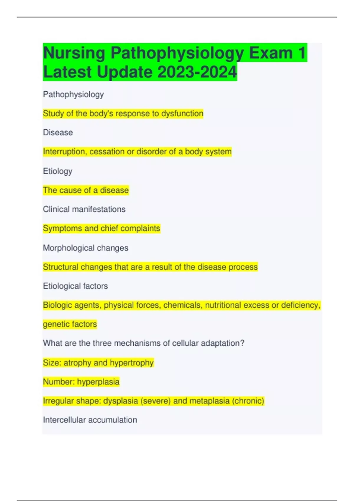 Nursing Pathophysiology Exam 1 Latest Update - Pathophysiology - Stuvia US