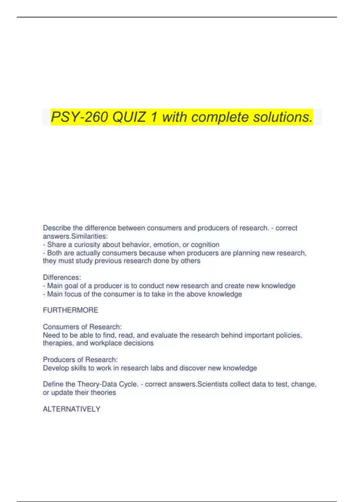 PSY-260 QUIZ 1 with complete solutions. - PSY-260 - Stuvia US