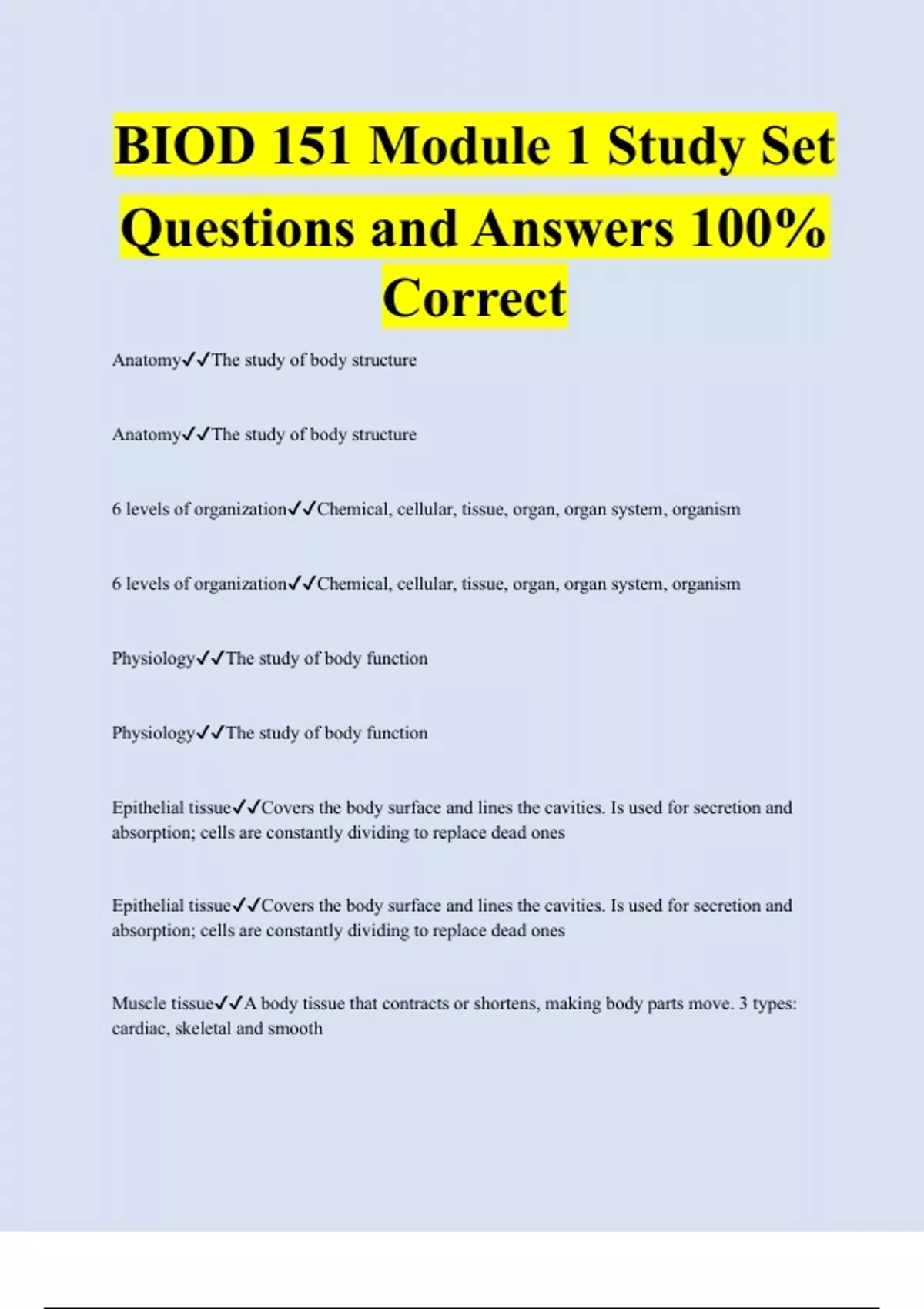 BIOD 151 Module 1 Study Set Questions and Answers 100% Correct - BIOD - Stuvia US