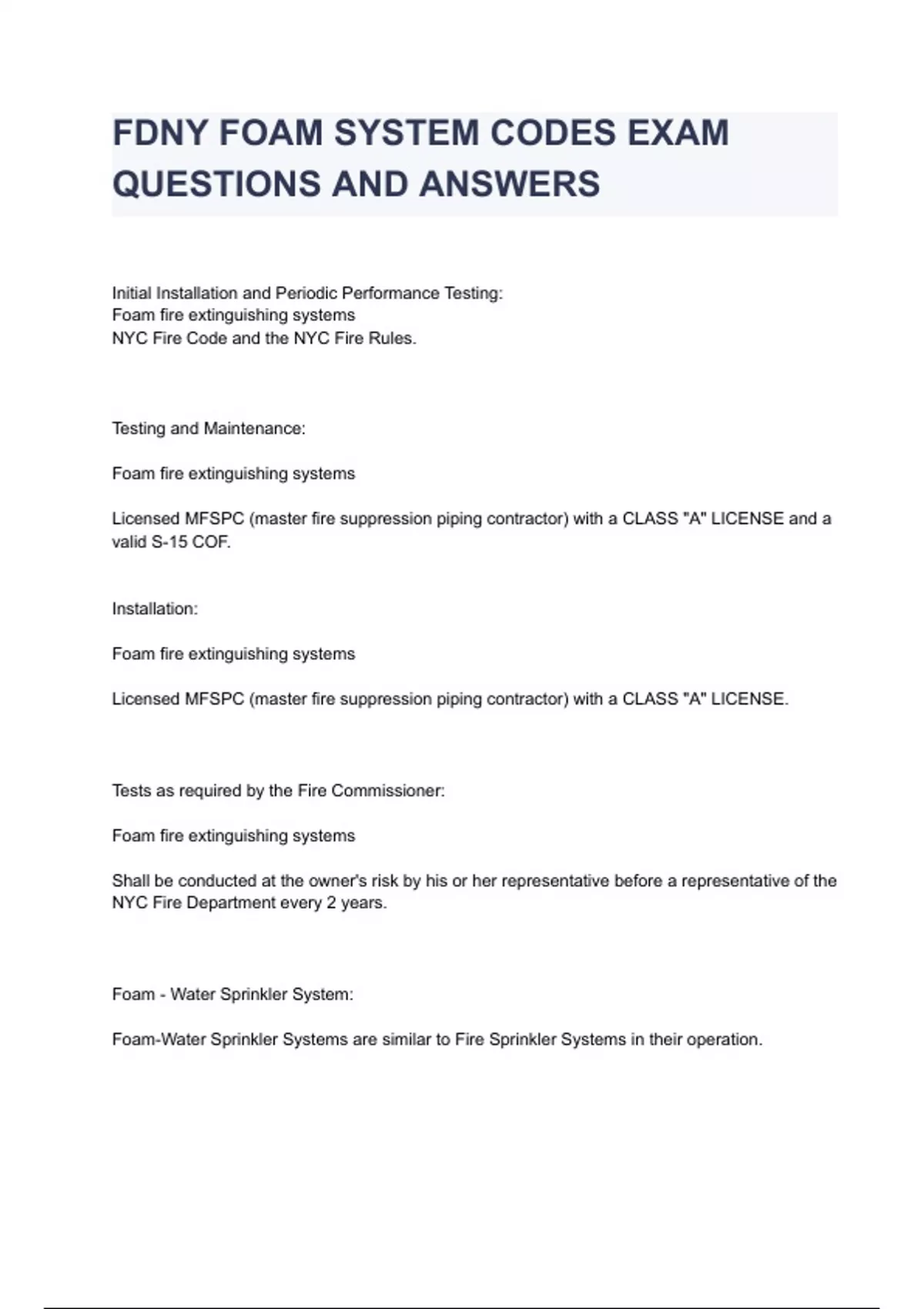 FDNY FOAM SYSTEM CODES EXAM QUESTIONS AND ANSWERS - FDNY FOAM SYSTEM ...