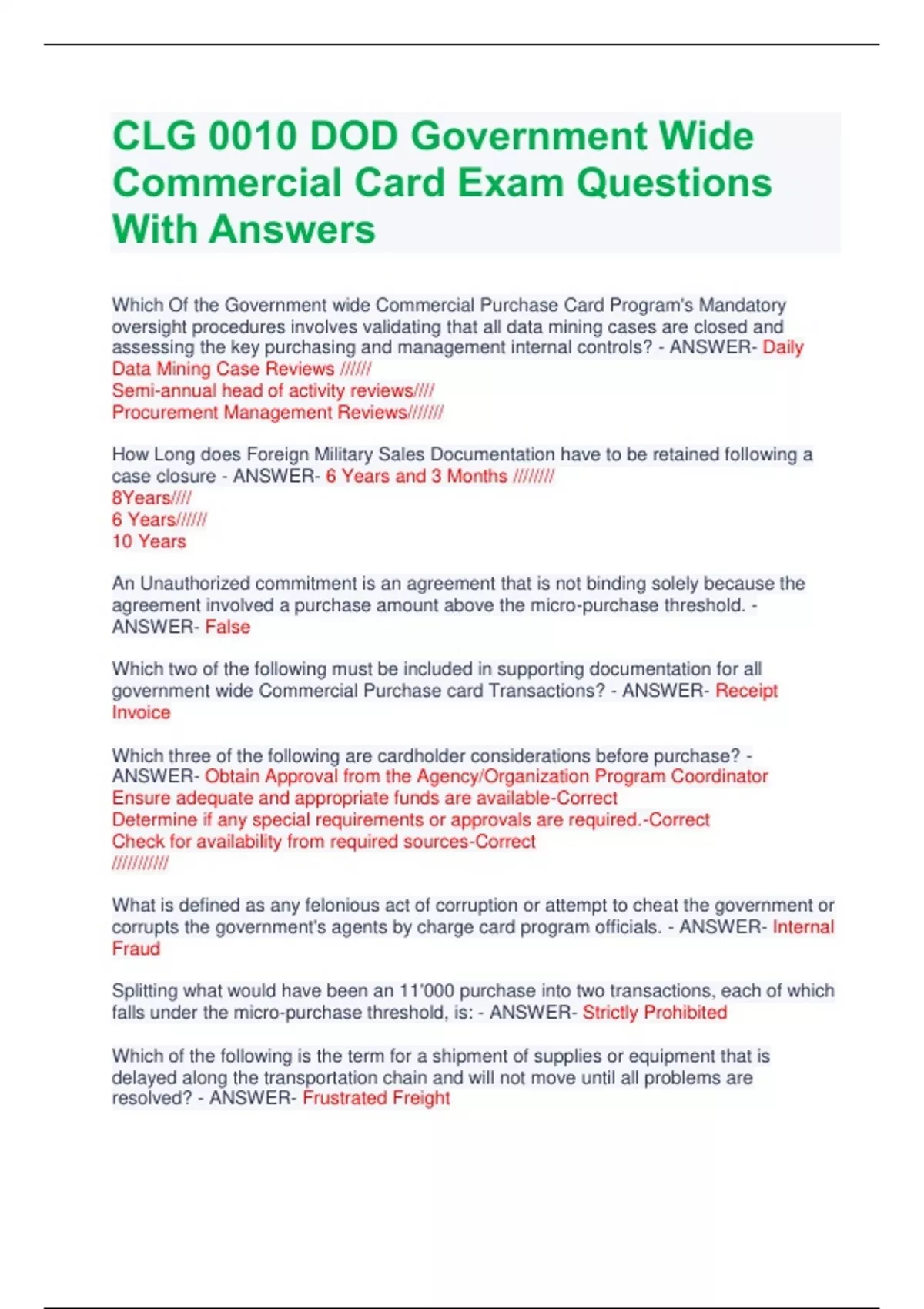 CLG 0010 DOD Government Wide Commercial Card Exam Questions With ...