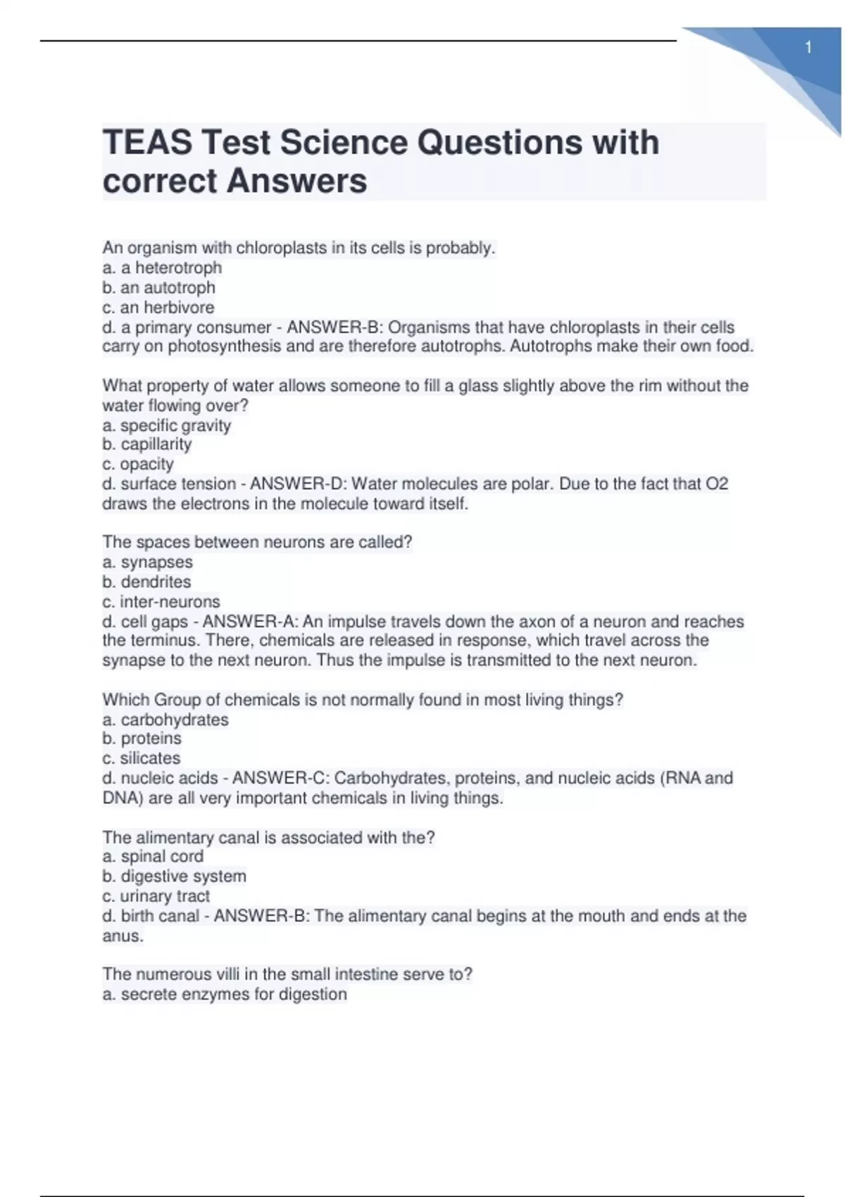 TEAS Test Science Questions with correct Answers Updated 2024 - Teas ...