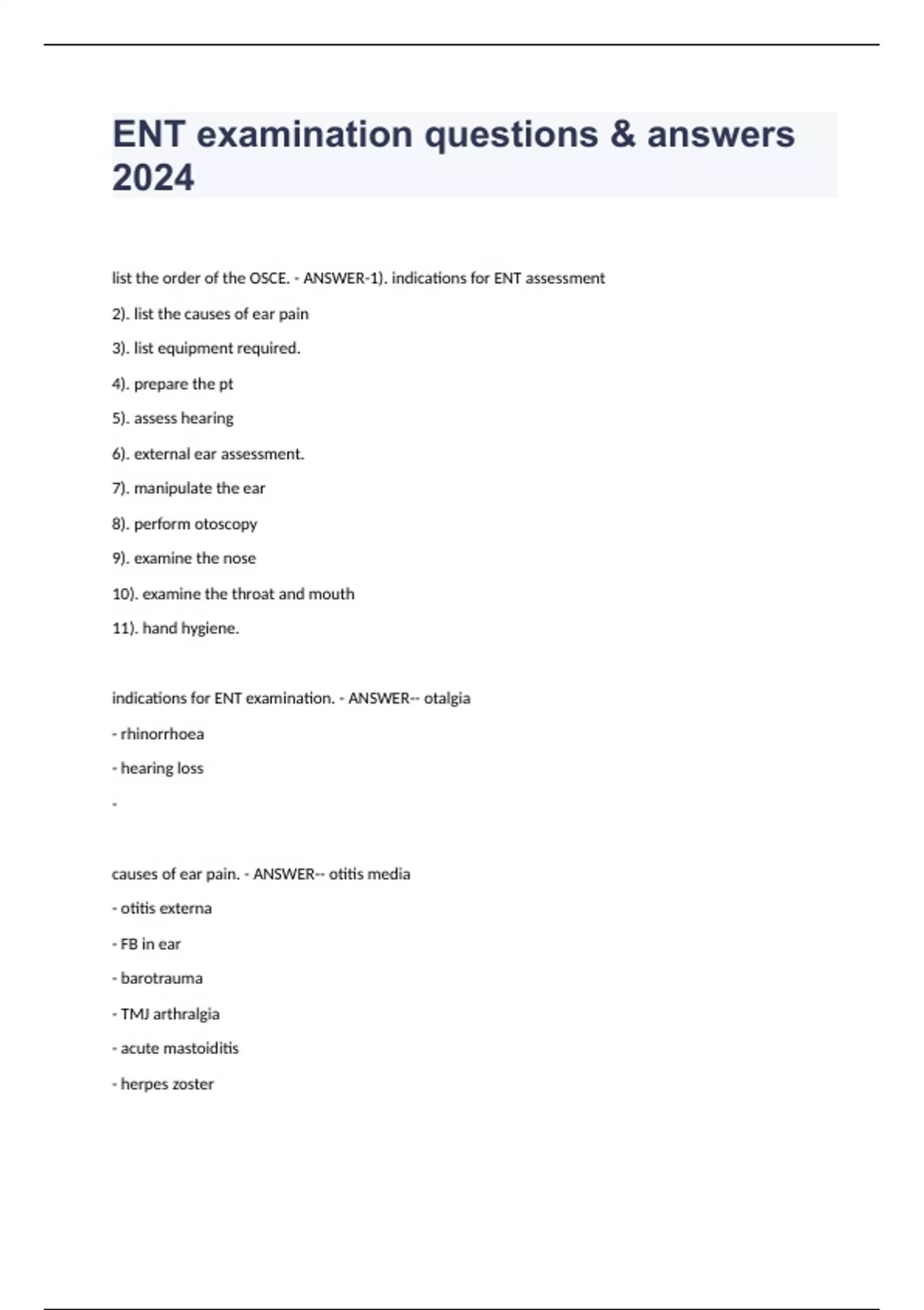 ENT examination questions & answers 2024 - ENT - Stuvia US