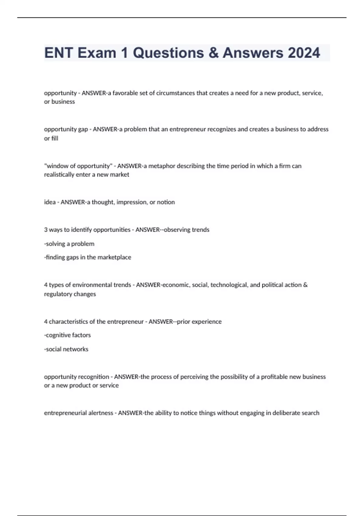 ENT Exam 1 Questions & Answers 2024 - ENT - Stuvia US