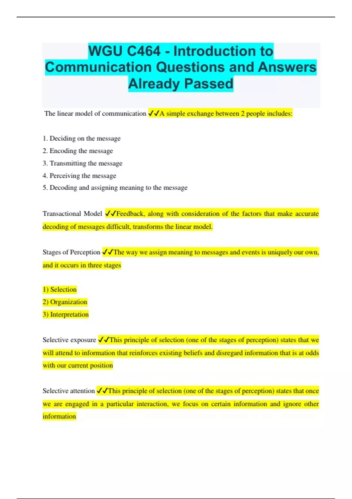 WGU C464 - Introduction to Communication Questions and Answers Already Passed - WGU C464 - Stuvia US