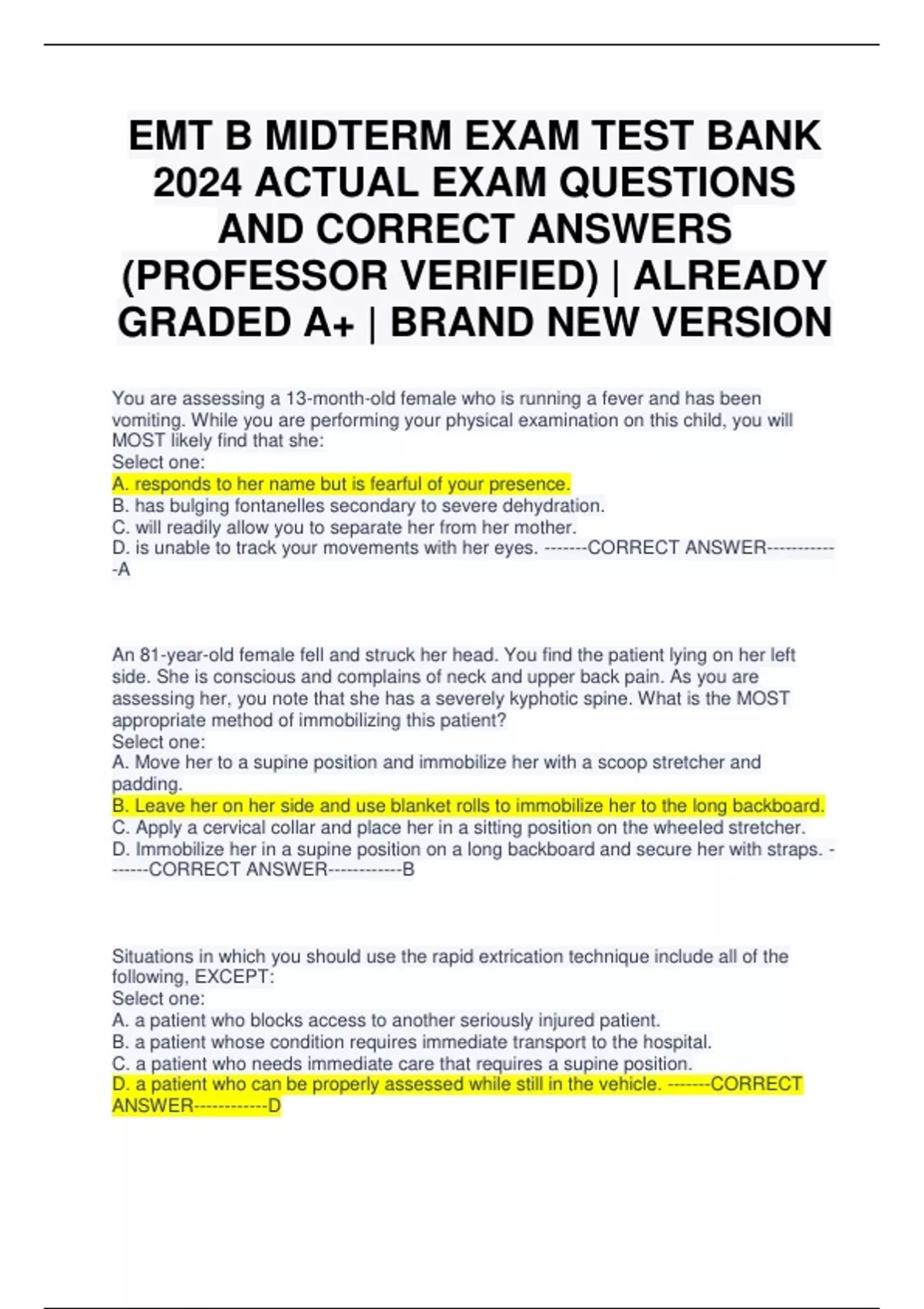 Emt Exams Bundle 2024 Emergency Medical Technician Basic Intermediate And Advanced Final Exam