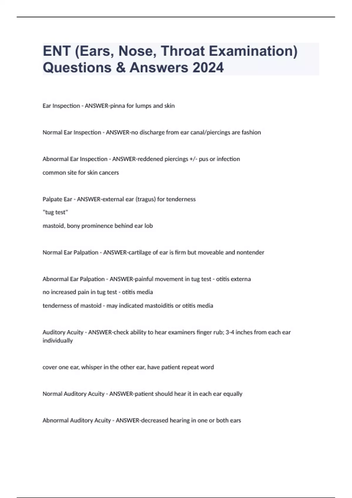 ENT (Ears, Nose, Throat Examination) Questions & Answers 2024 - ENT ...