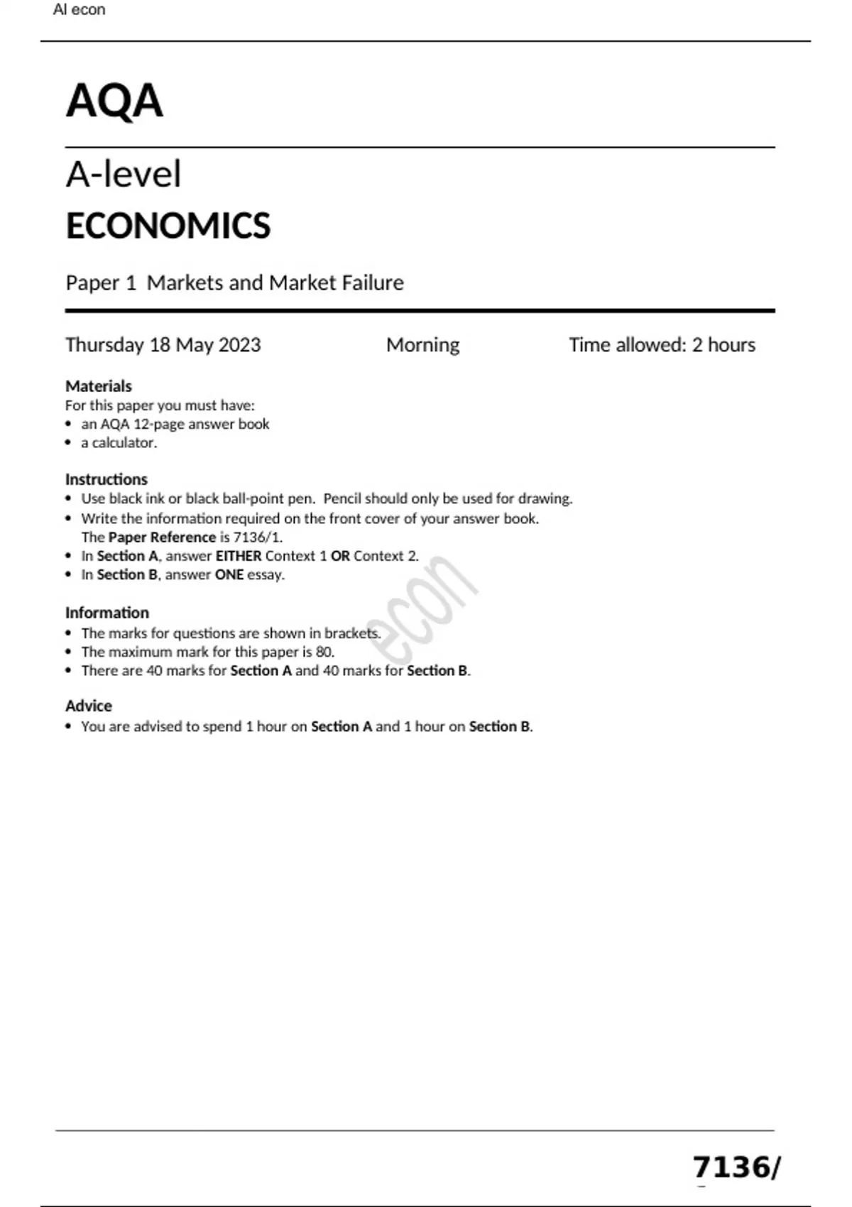 AQA A level ECONOMICS Paper 1 Question paper-Markets and Market Failure ...