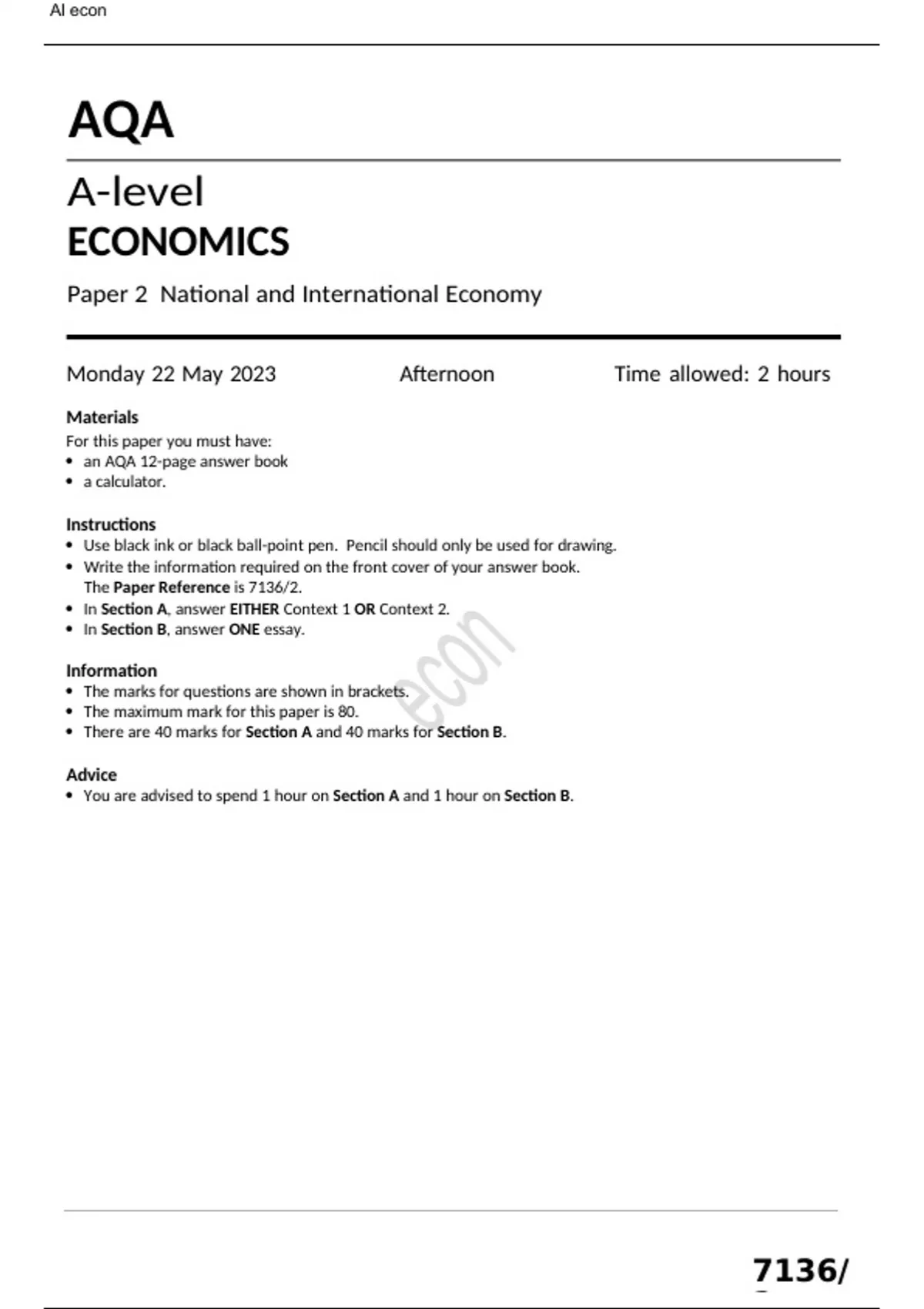 AQA A level ECONOMICS Paper 2 Question paper JUNE 2023 - Economics 2023 ...