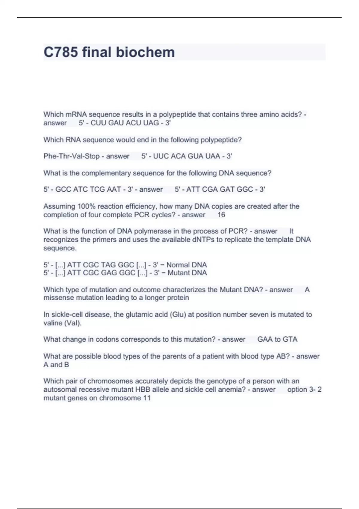 C785 final biochem Questions with solutions 2023|2024 - WGU C785 ...