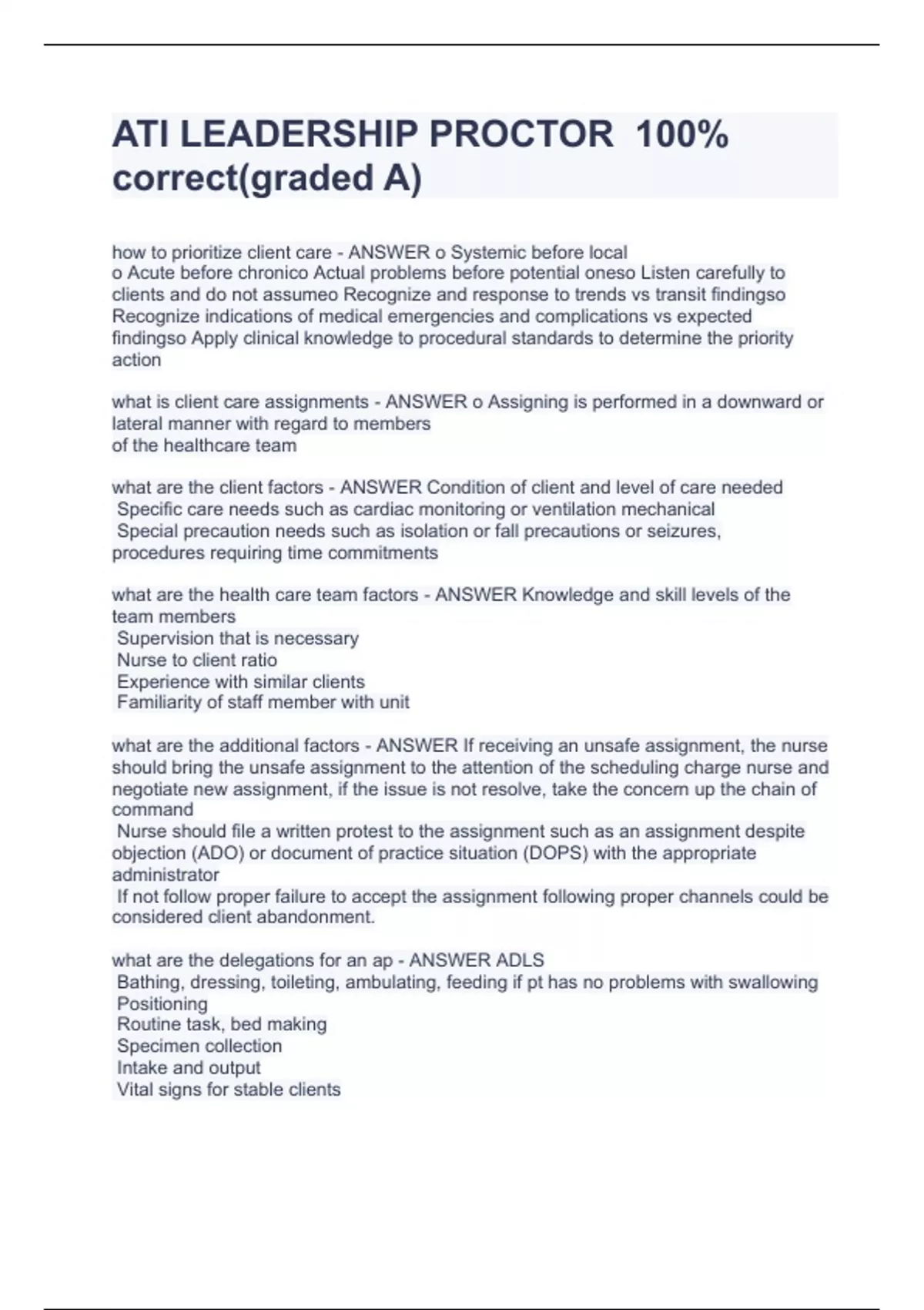 ATI LEADERSHIP PROCTOR 100% correct(graded A) - ATI LEADERSHIP - Stuvia US