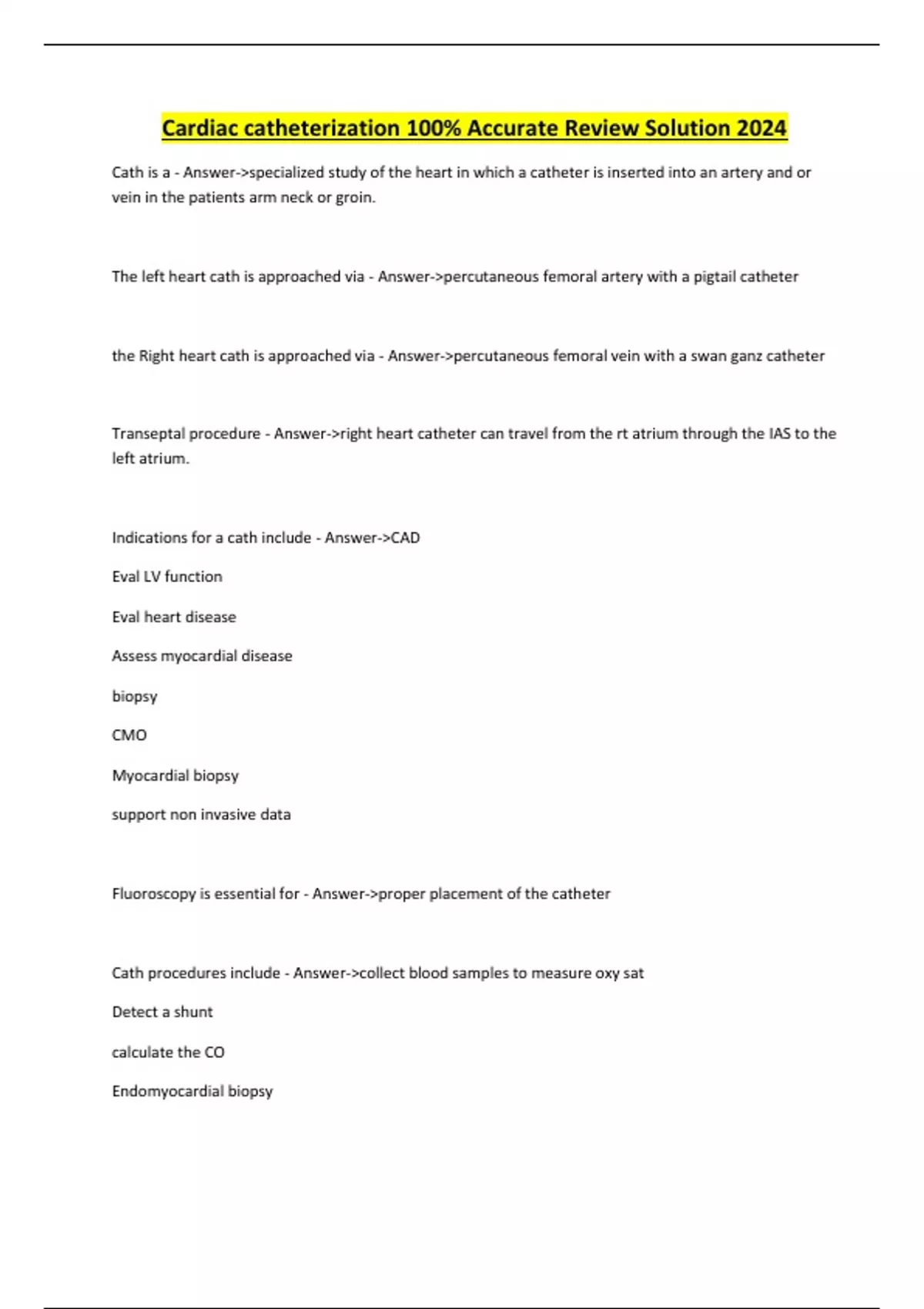 Cardiac catheterization 100% Accurate Review Solution 2024 - Cardiac ...
