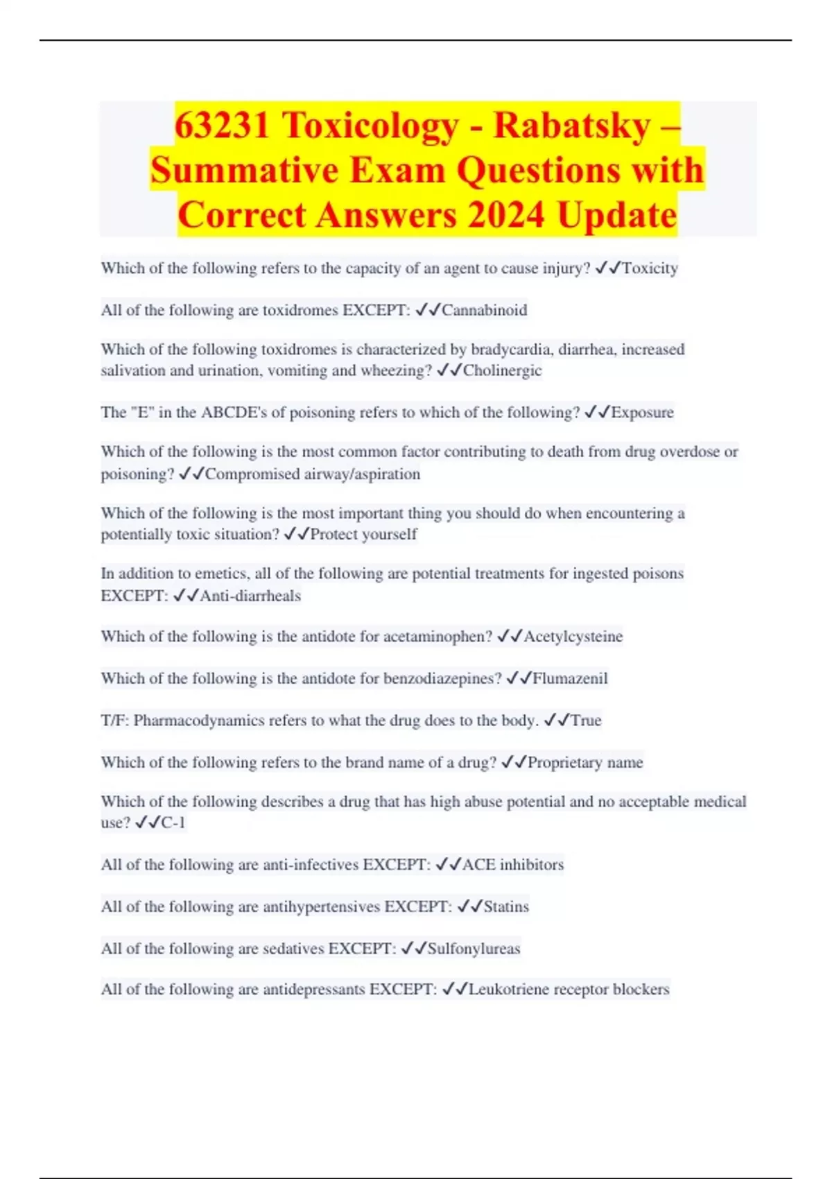 63231 Toxicology - Rabatsky – Summative Exam Questions with Correct ...