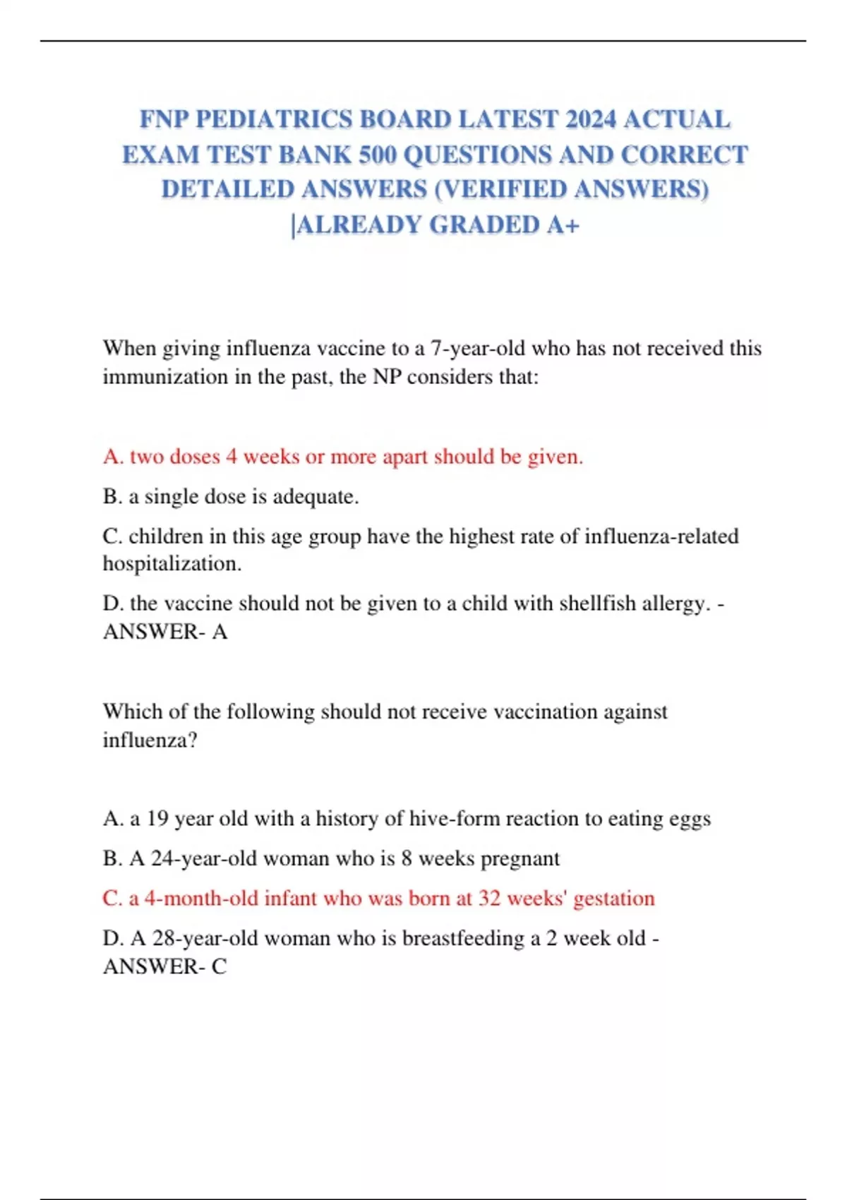 FNP PEDIATRICS BOARD LATEST 2024 ACTUAL EXAM TEST BANK 500 QUESTIONS ...