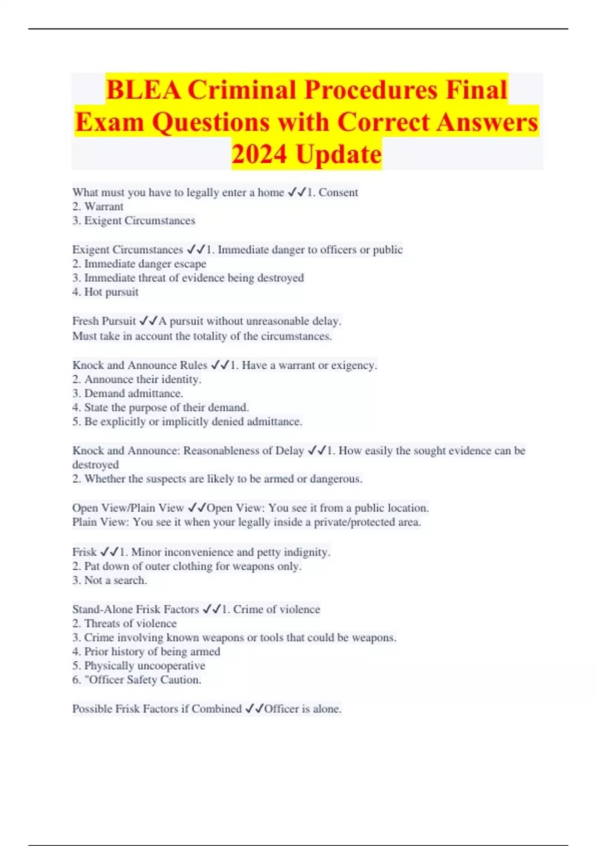 BLEA Criminal Procedures Final Exam Questions with Correct Answers 2024 Update - Blea - Stuvia US