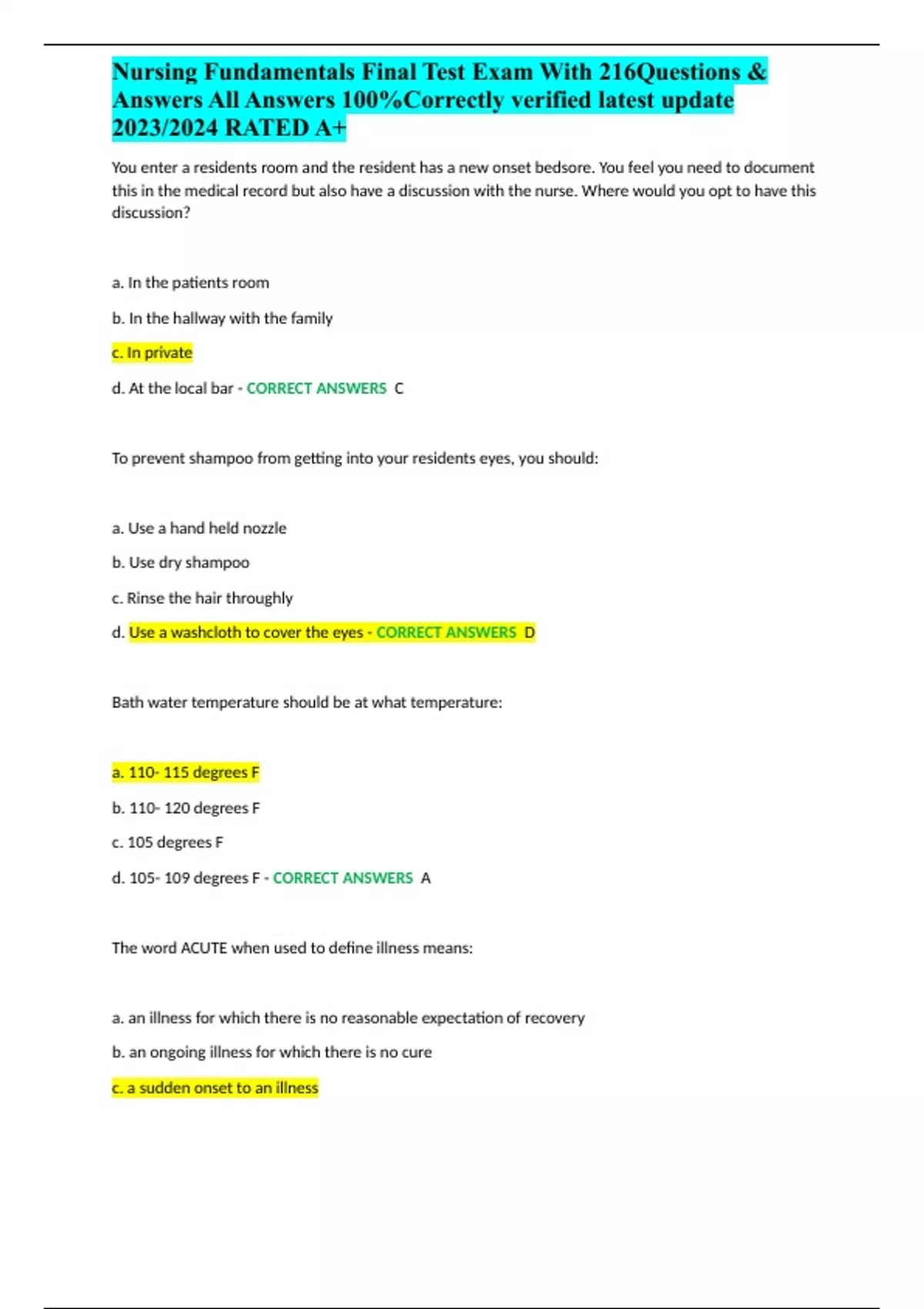 Nursing Fundamentals Final Test Exam With 216Questions & Answers All ...