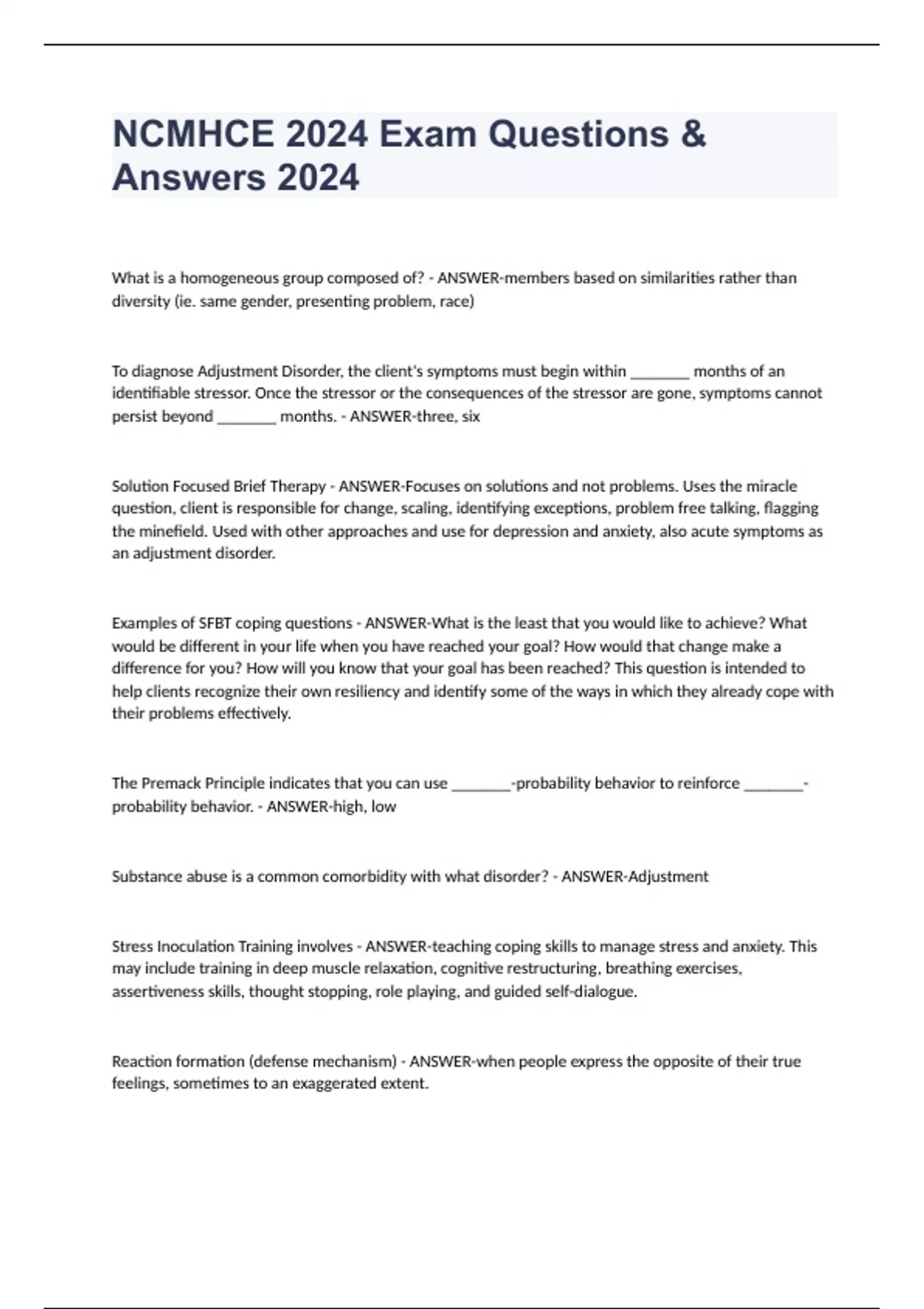 Ncmhce 2024 Exam Questions And Answers 2024 Ncmhce 2024 Stuvia Us
