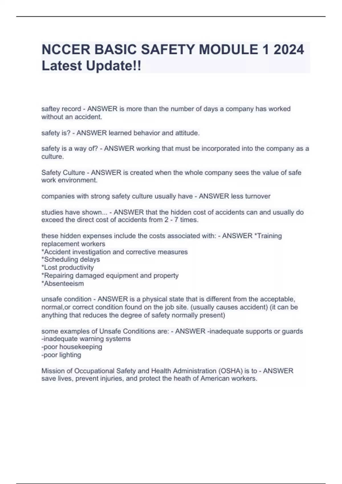 NCCER BASIC SAFETY MODULE 1 2024 Latest Update!! - NCCER - Stuvia US