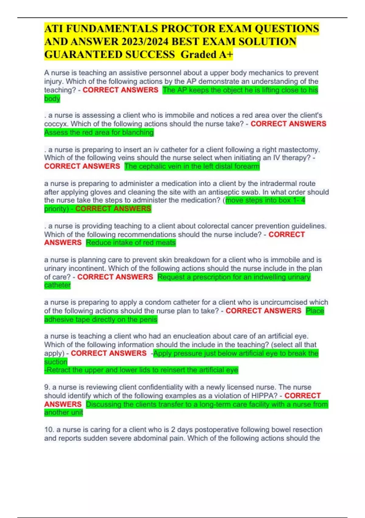 ATI FUNDAMENTALS PROCTOR EXAM QUESTIONS AND ANSWER 2023/2024 BEST EXAM ...