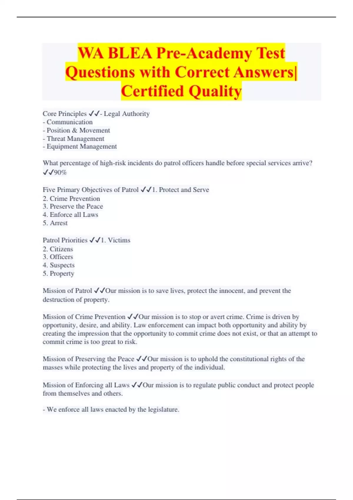 WA BLEA Pre-Academy Test Questions with Correct Answers| Certified ...