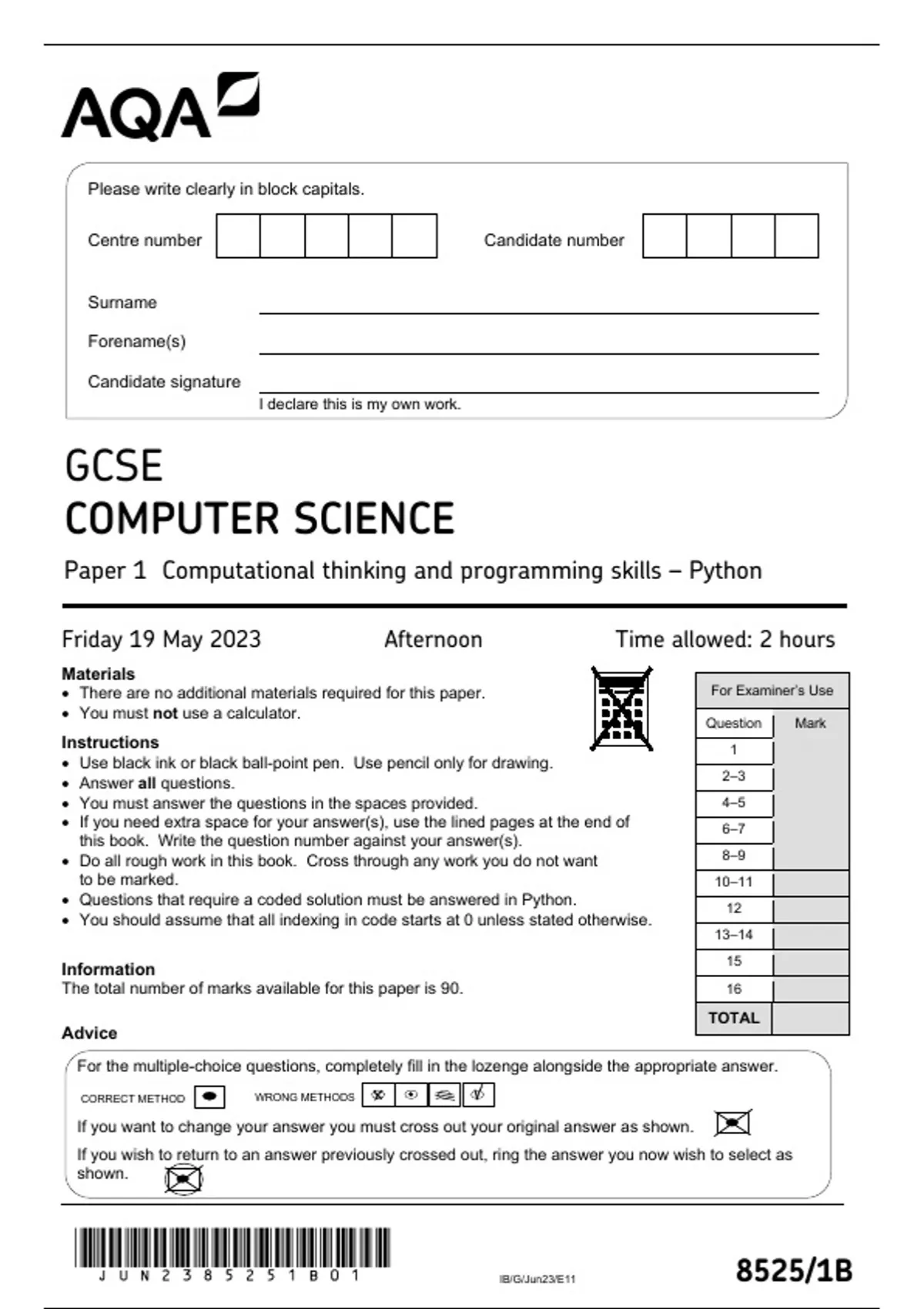 GCSE AQA MAY 2024 COMPUTER SCIENCE PAPER 1 - PYTHON - Computing - Stuvia UK