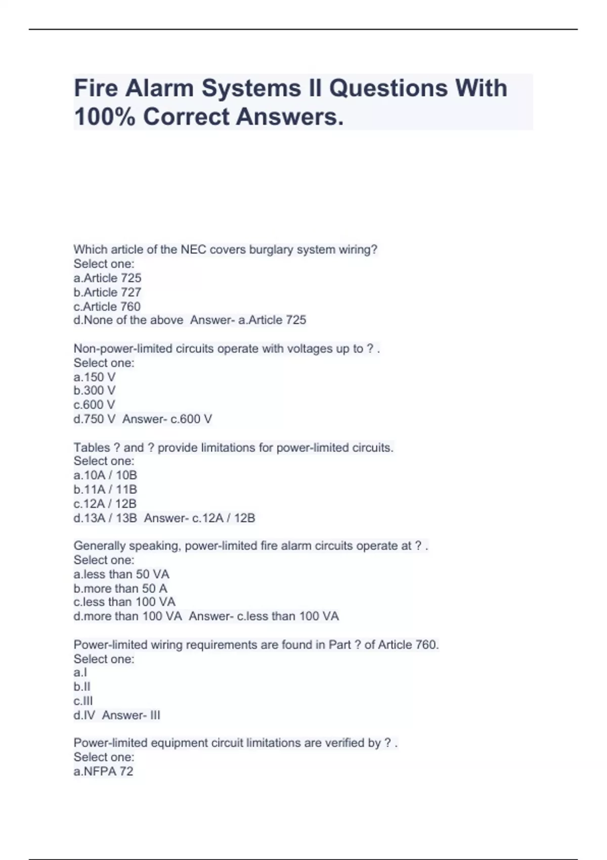 Fire Alarm Systems II Questions With 100% Correct Answers. - Fire Alarm ...