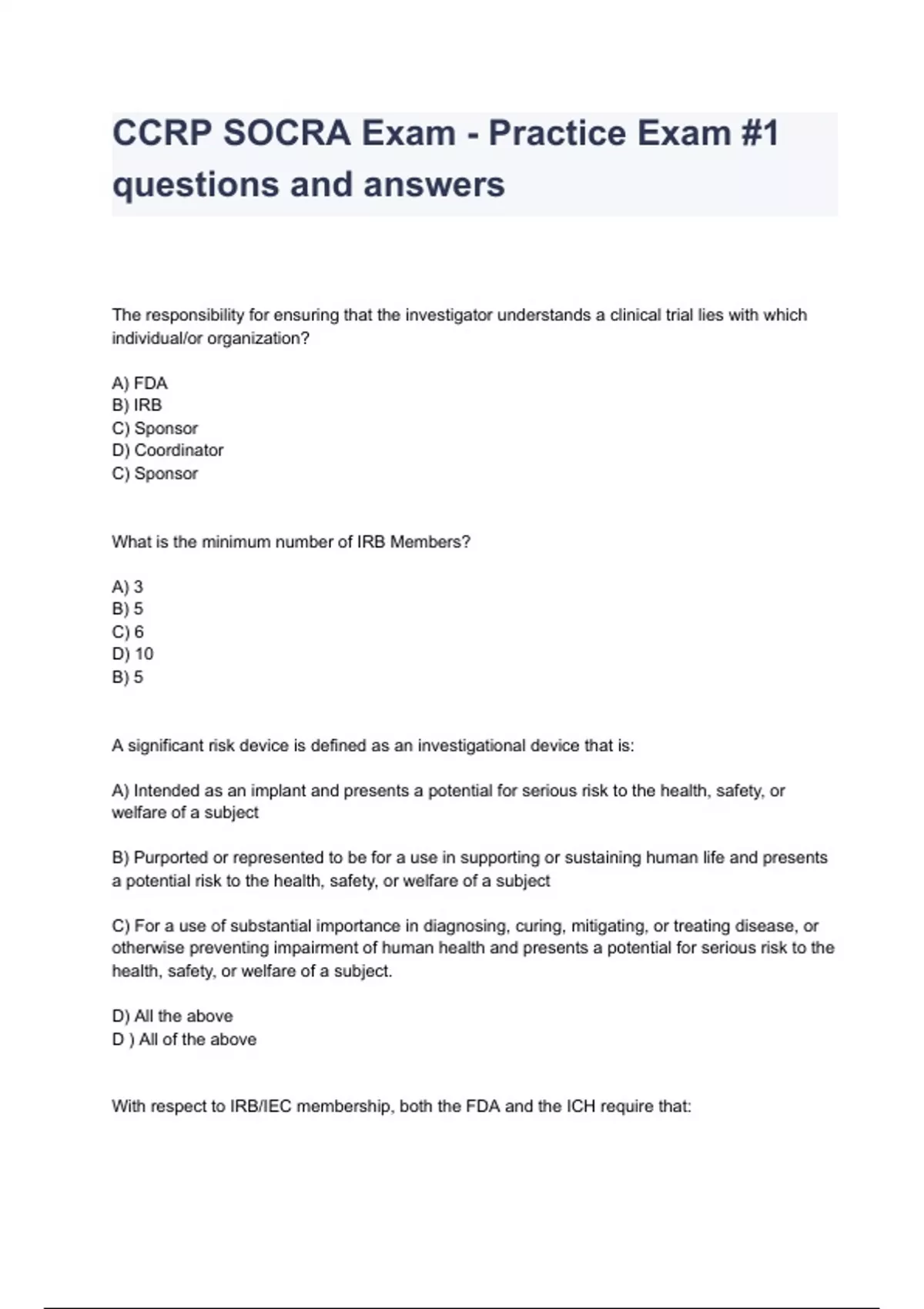 CCRP SOCRA Exam - Practice Exam #1 questions and answers - CCRP SOCRA ...