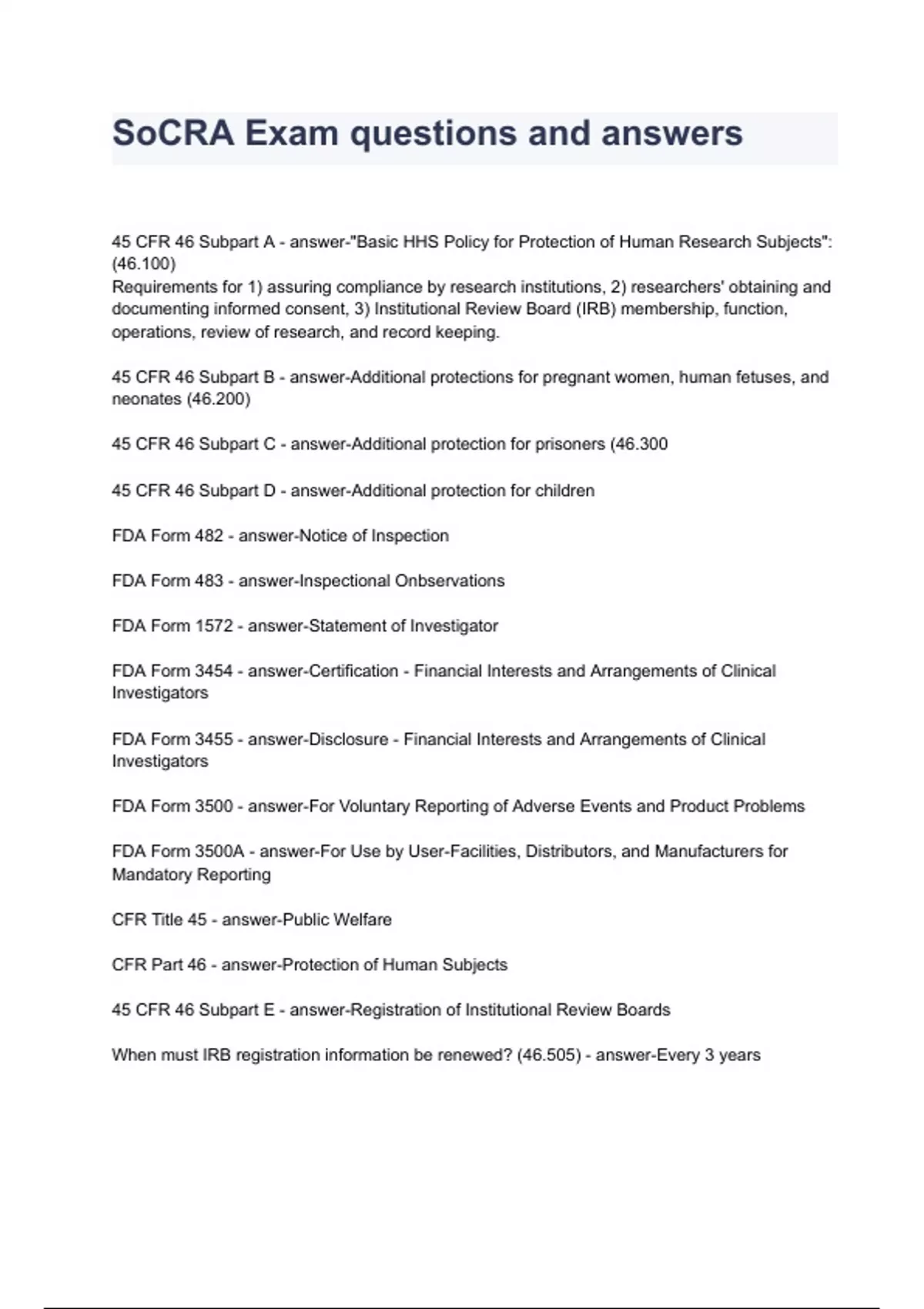 SoCRA Exam questions and answers - SoCRA - Stuvia US