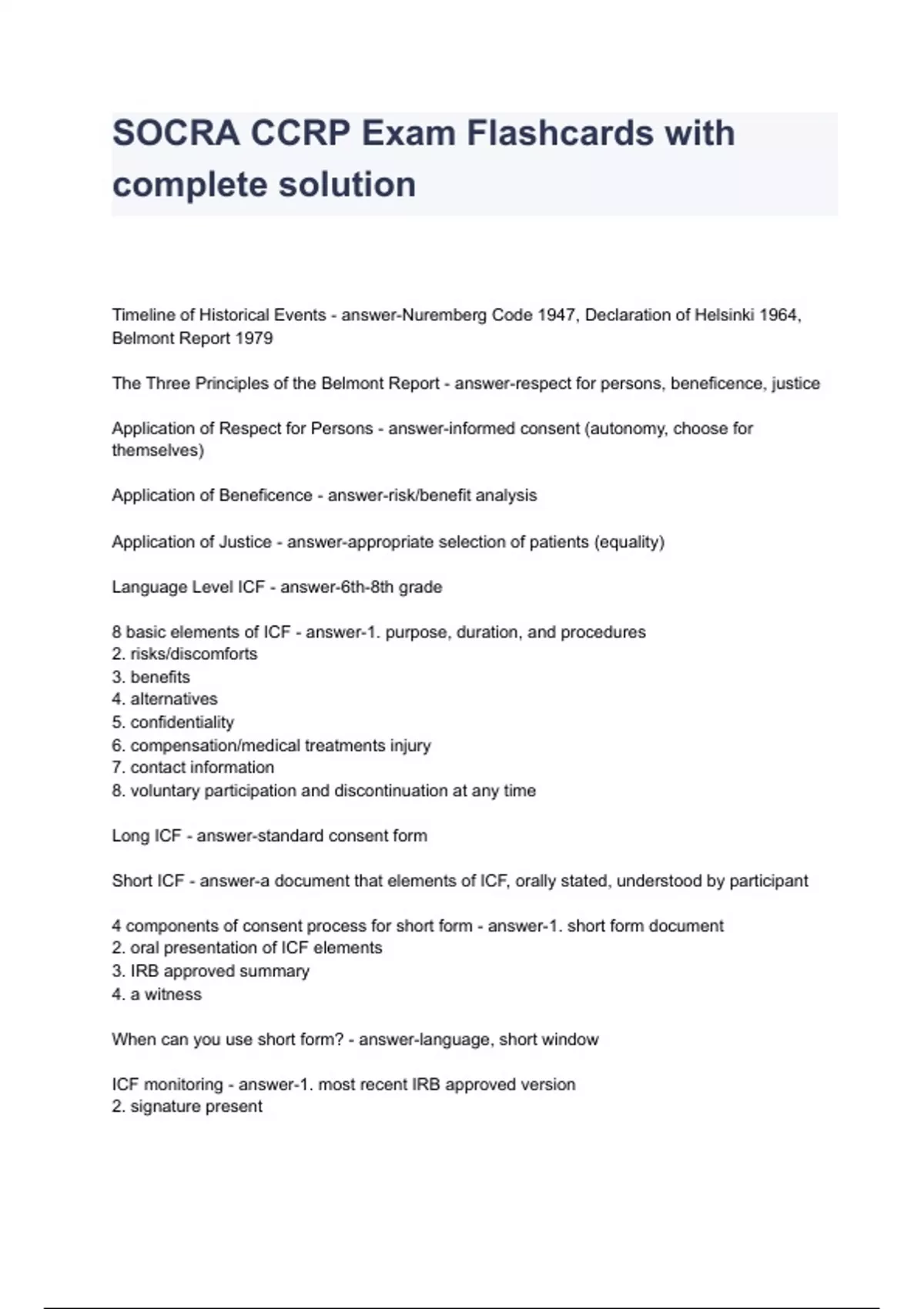 SOCRA CCRP Exam Flashcards with complete solution - SOCRA CCRP Exm Flashcards with complete ...