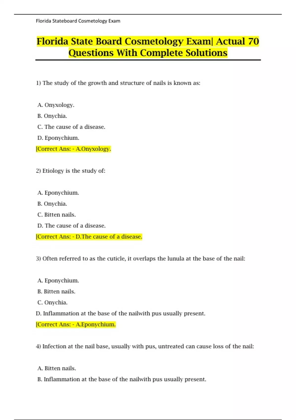 Florida State Board Cosmetology Exam| Actual 70 Questions With Complete ...