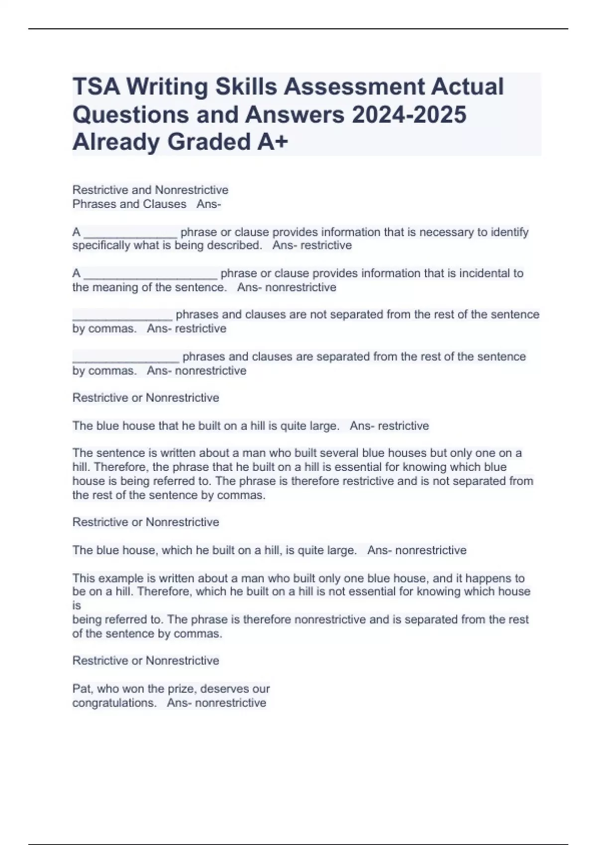 TSA Writing Skills Assessment Actual Questions and Answers Already ...