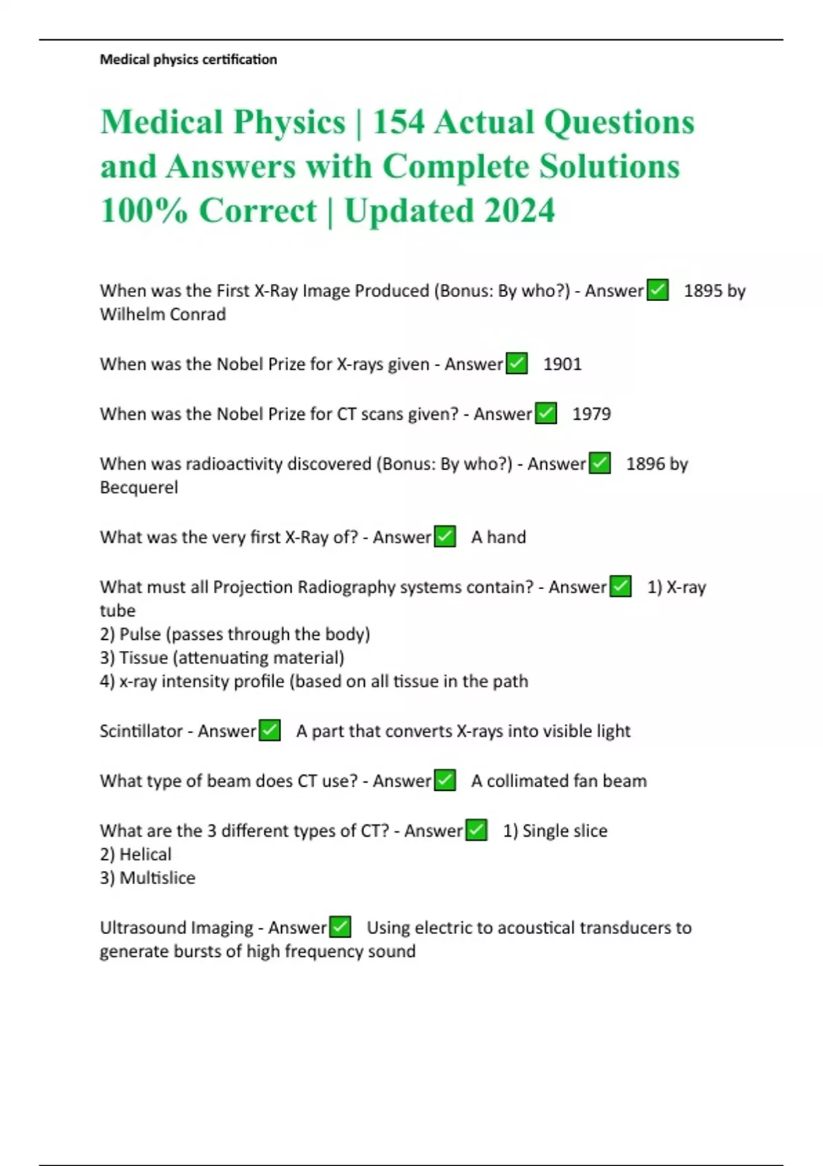 Medical Physics | 154 Actual Questions and Answers with Complete ...