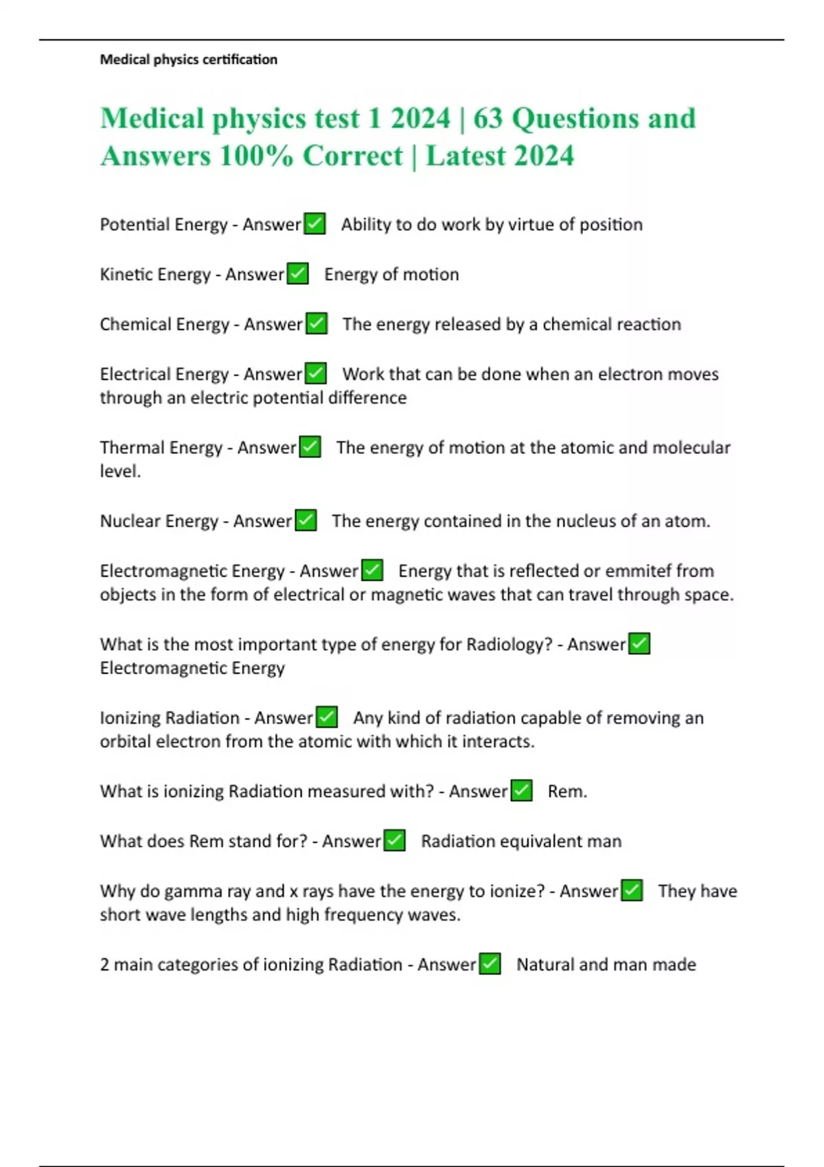 Medical physics test 1 2024 | 63 Questions and Answers 100% Correct ...