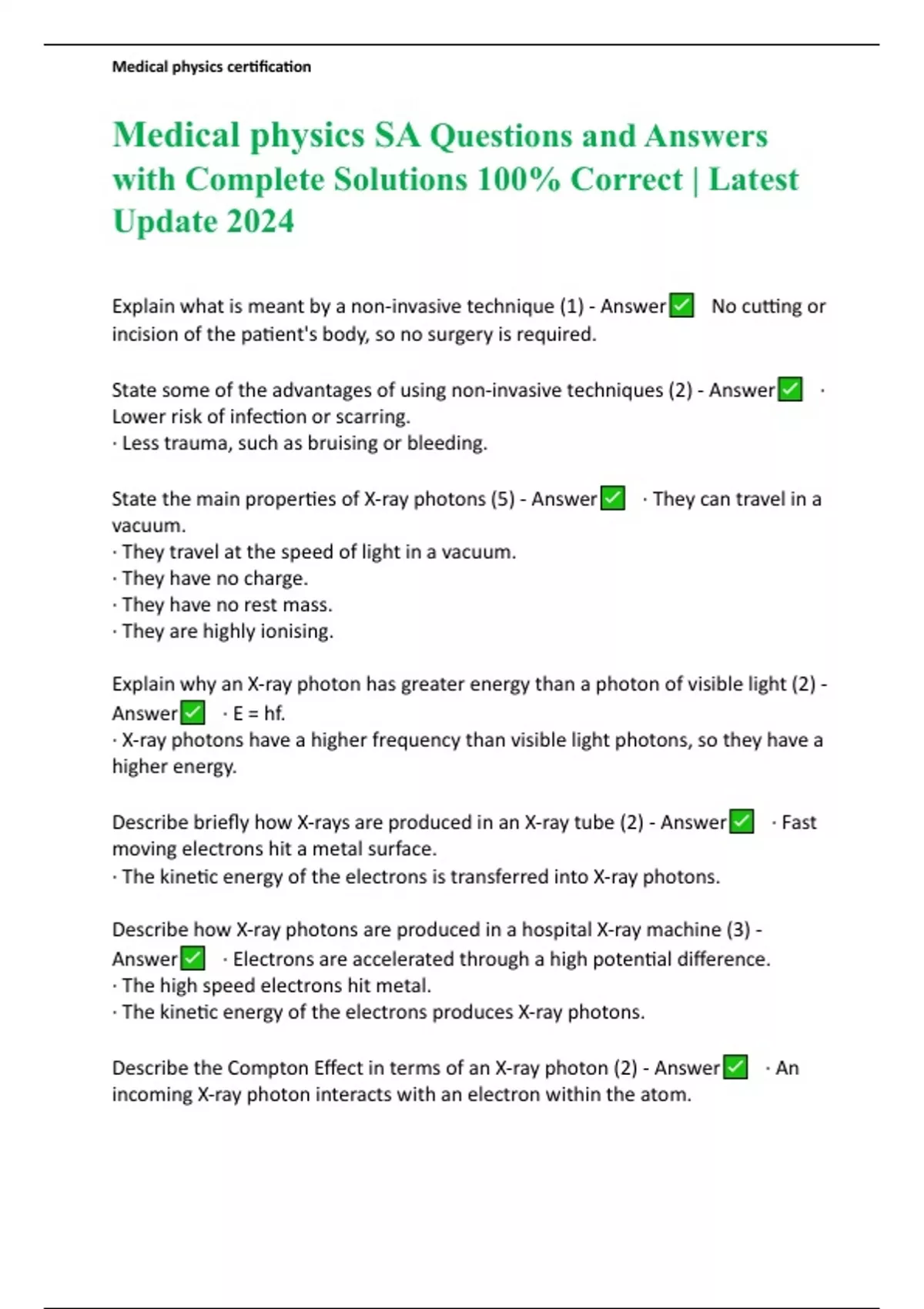 Medical physics SA Questions and Answers with Complete Solutions 100% ...