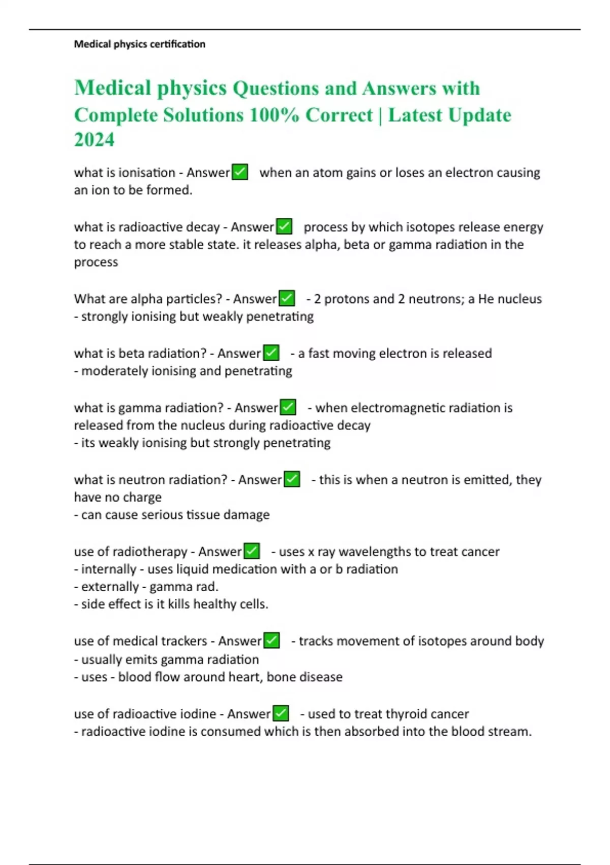 Medical physics Questions and Answers with Complete Solutions 100% ...
