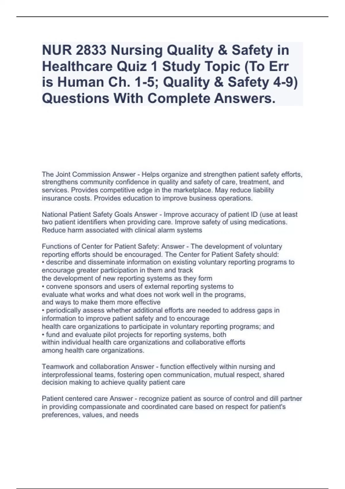 NUR 2833 Nursing Quality & Safety in Healthcare Quiz 1 Study Topic (To ...