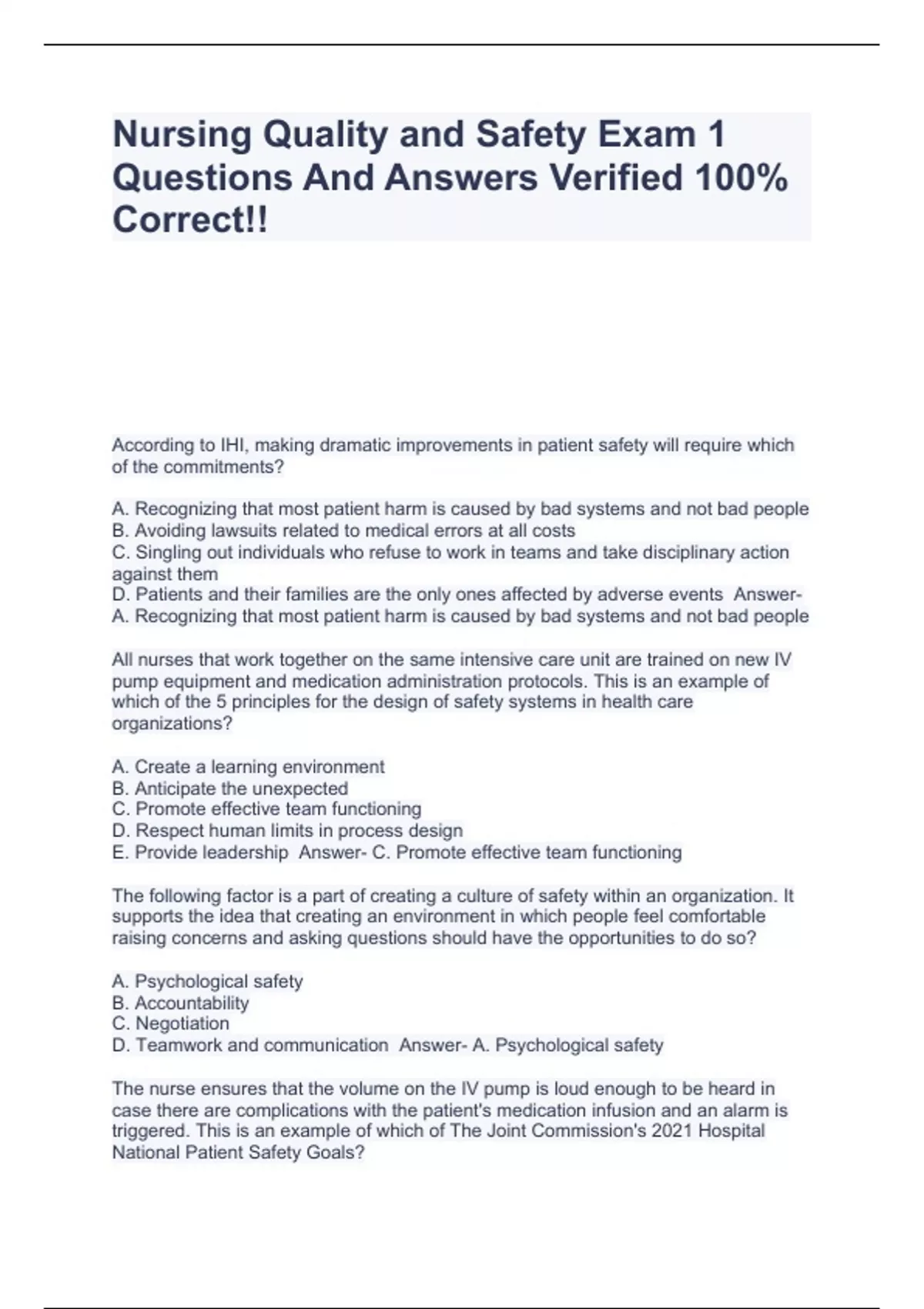 Nursing Quality and Safety Exam 1 Questions And Answers Verified 100% ...